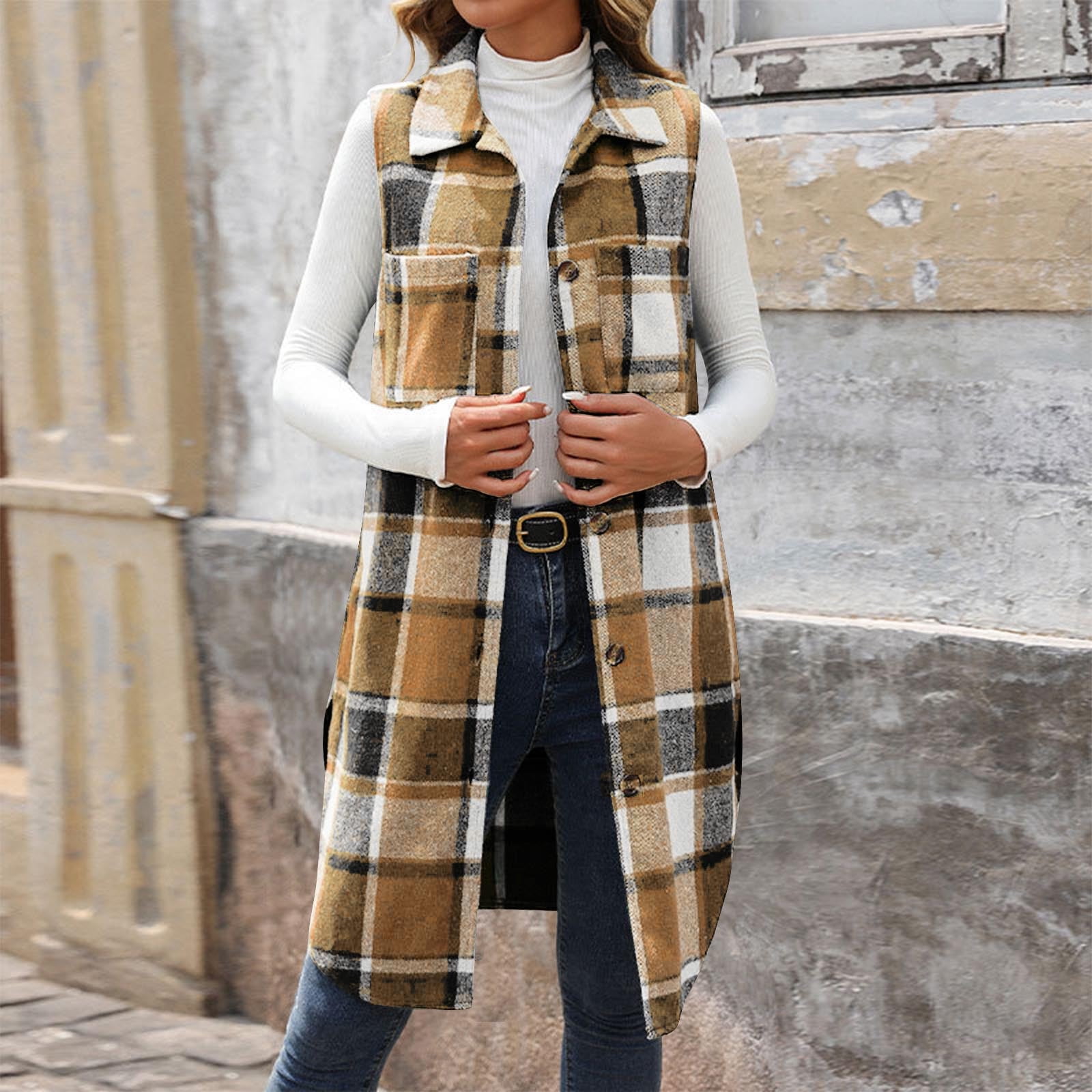 Fanxing Long Plaid Vest for Women Casual Lapel Sleeveless Cardigan ...