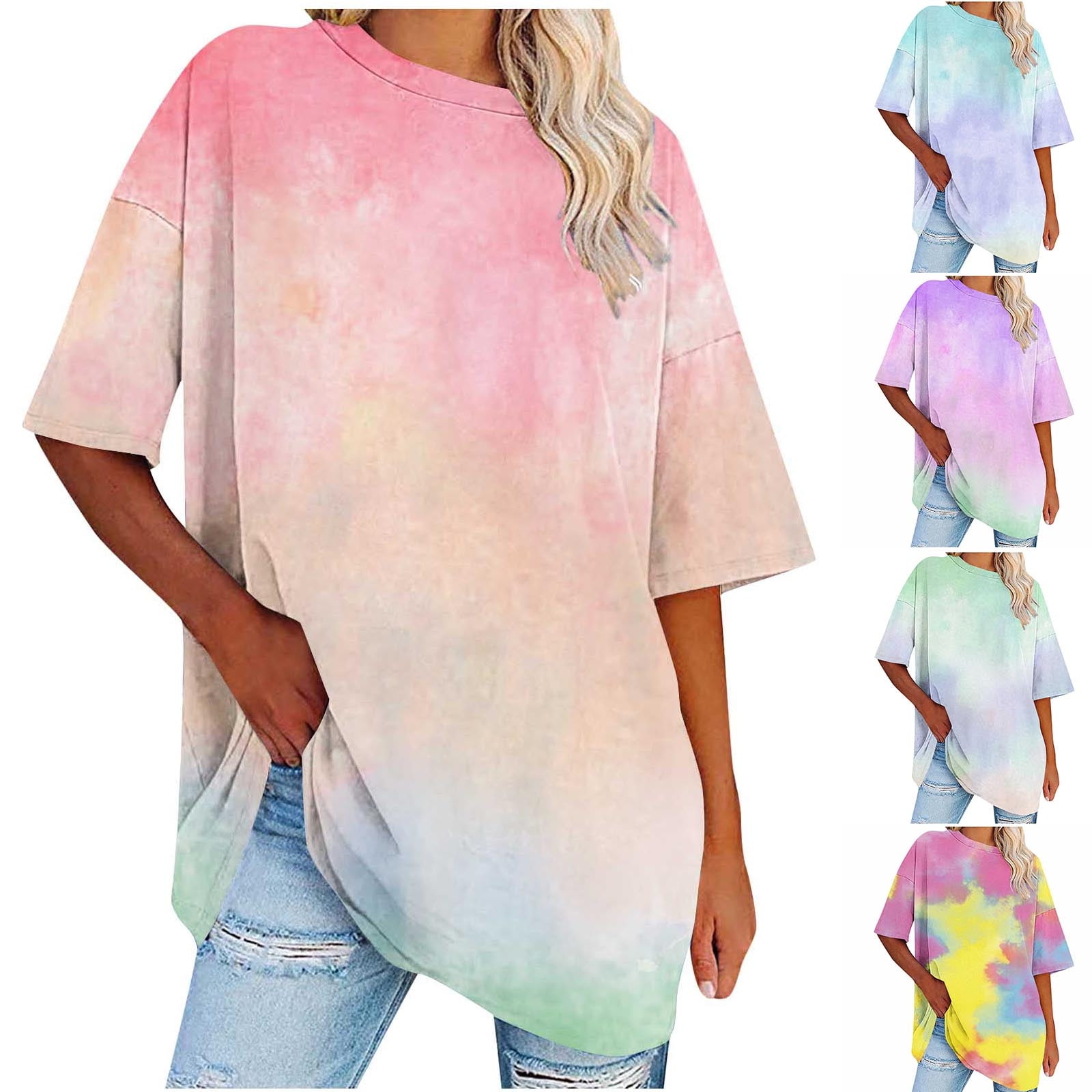 Fanxing Oversized Graphic Tees For Women Y2k Gradient Tie Dye Summer ...