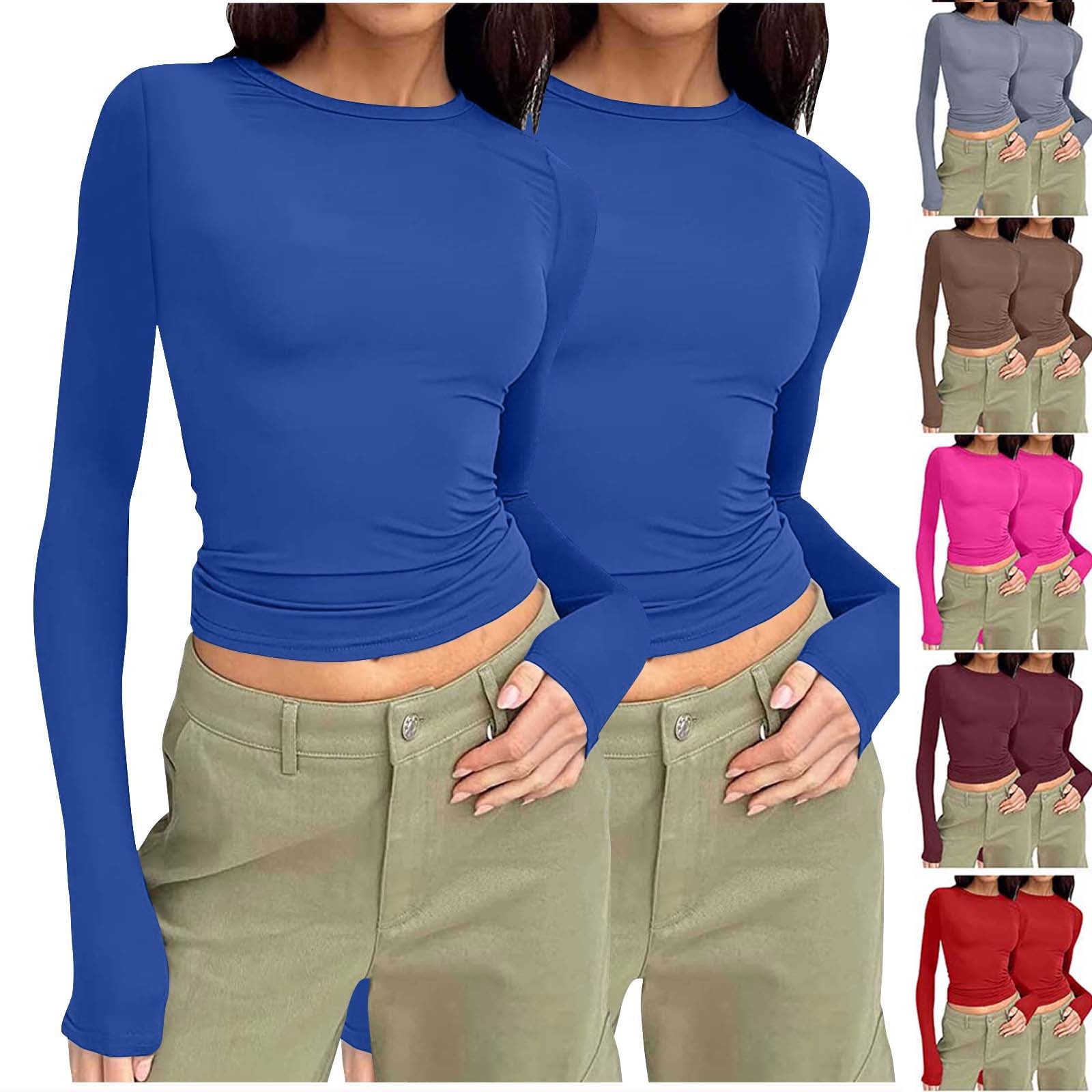 Fanxing Pack 2 Juniors Long Sleeve Shirts Basic Crop Tops Tight Slim ...