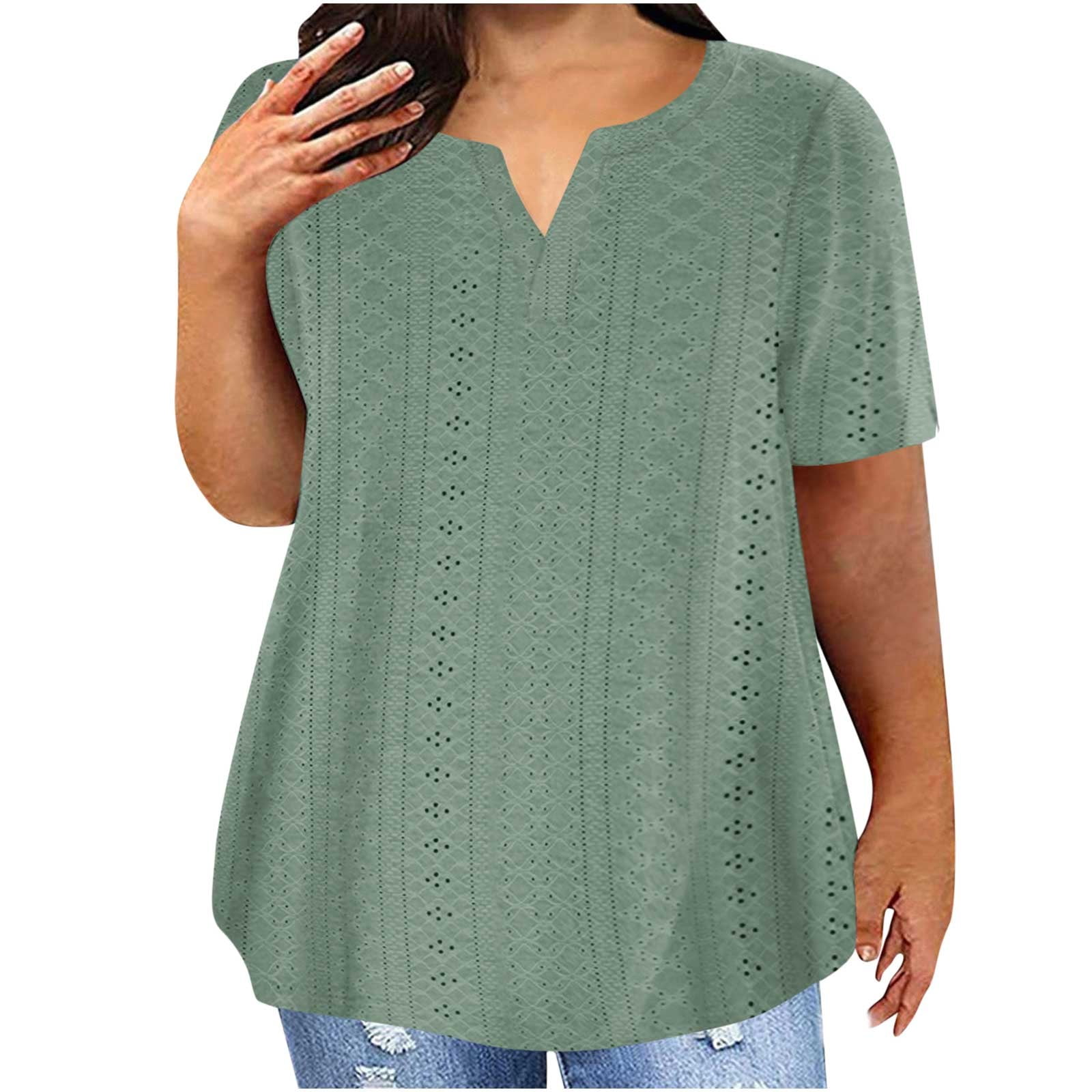 Fanxing Plus Size Eyelet Tshirts for Women Petite Plus V Neck Henley ...