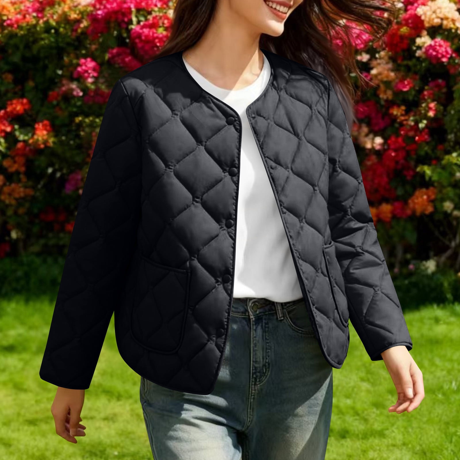 Fanxing Plus Size Quilted Jacket for Women Casual Button Down ...