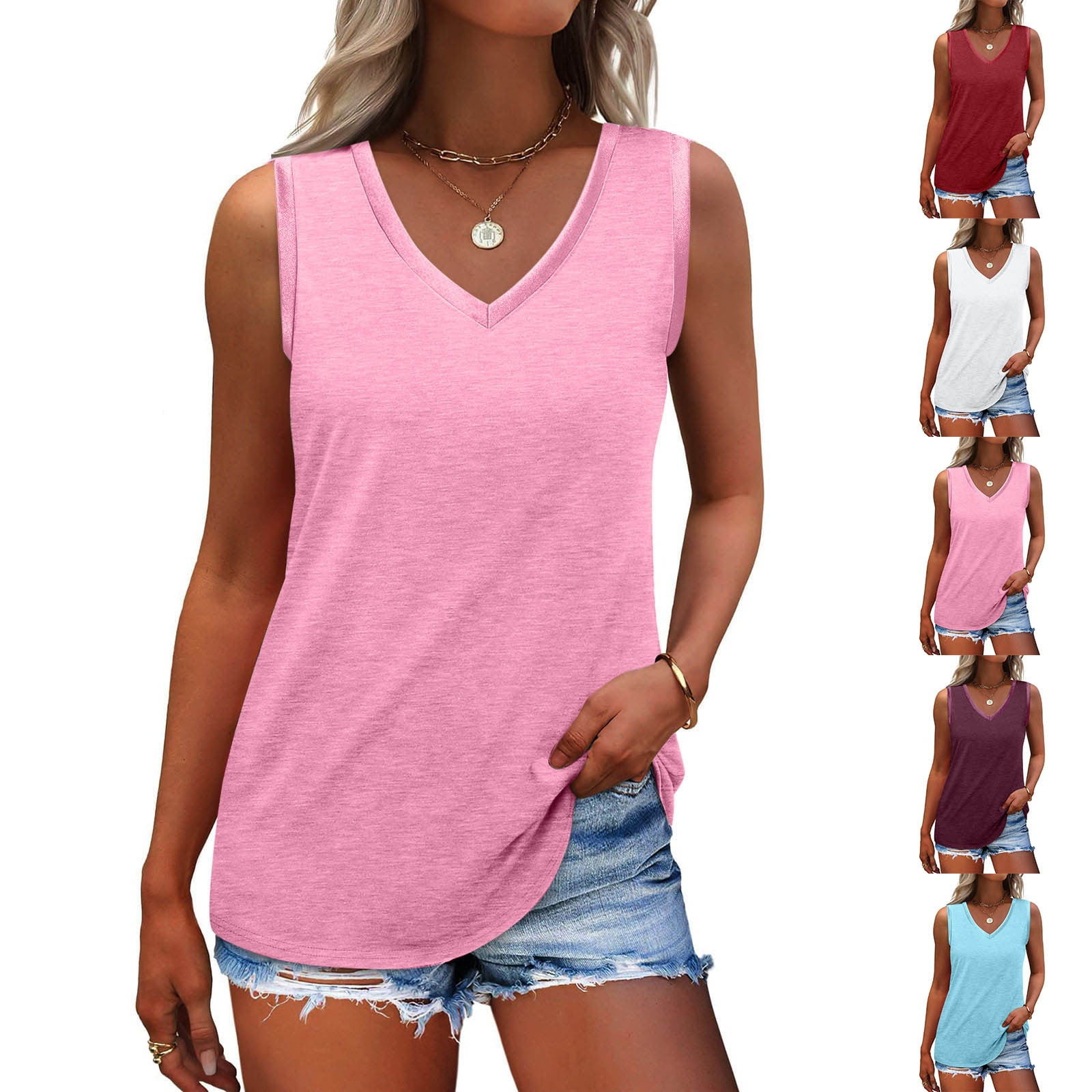 Fanxing Sky Blue Summer Women V Neck Tank Tops S Loose Fit Casual ...