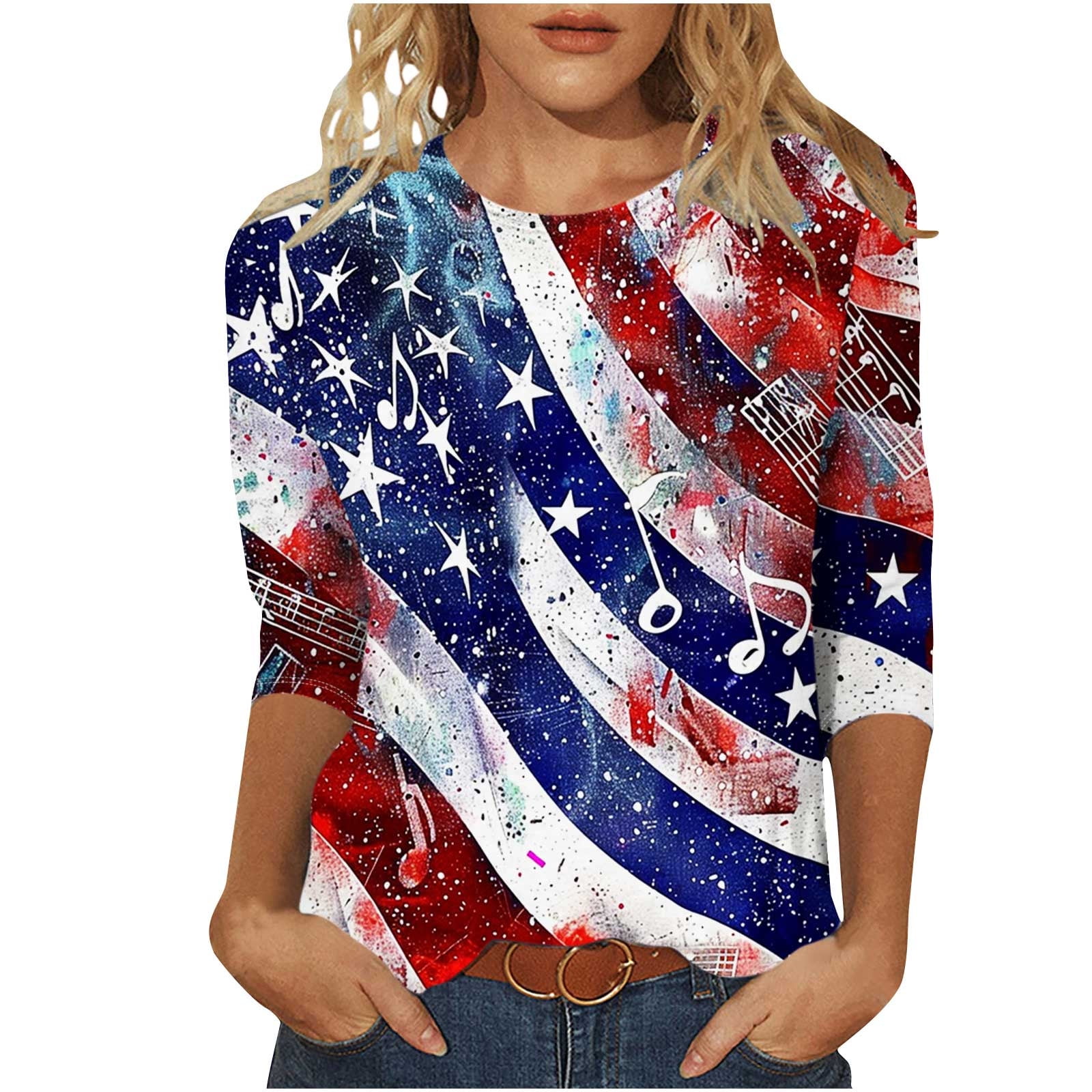 Fanxing Summer Savings Women 4th of July Patriotic T-Shirt Tops 3/4 ...