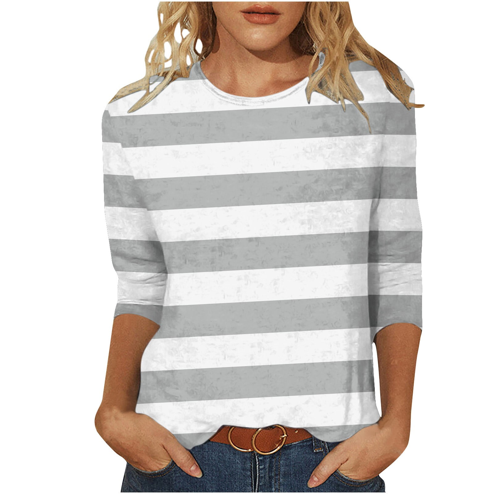 Fanxing Summer Savings Women's 3/4 Sleeves Tops Color Block Striped ...