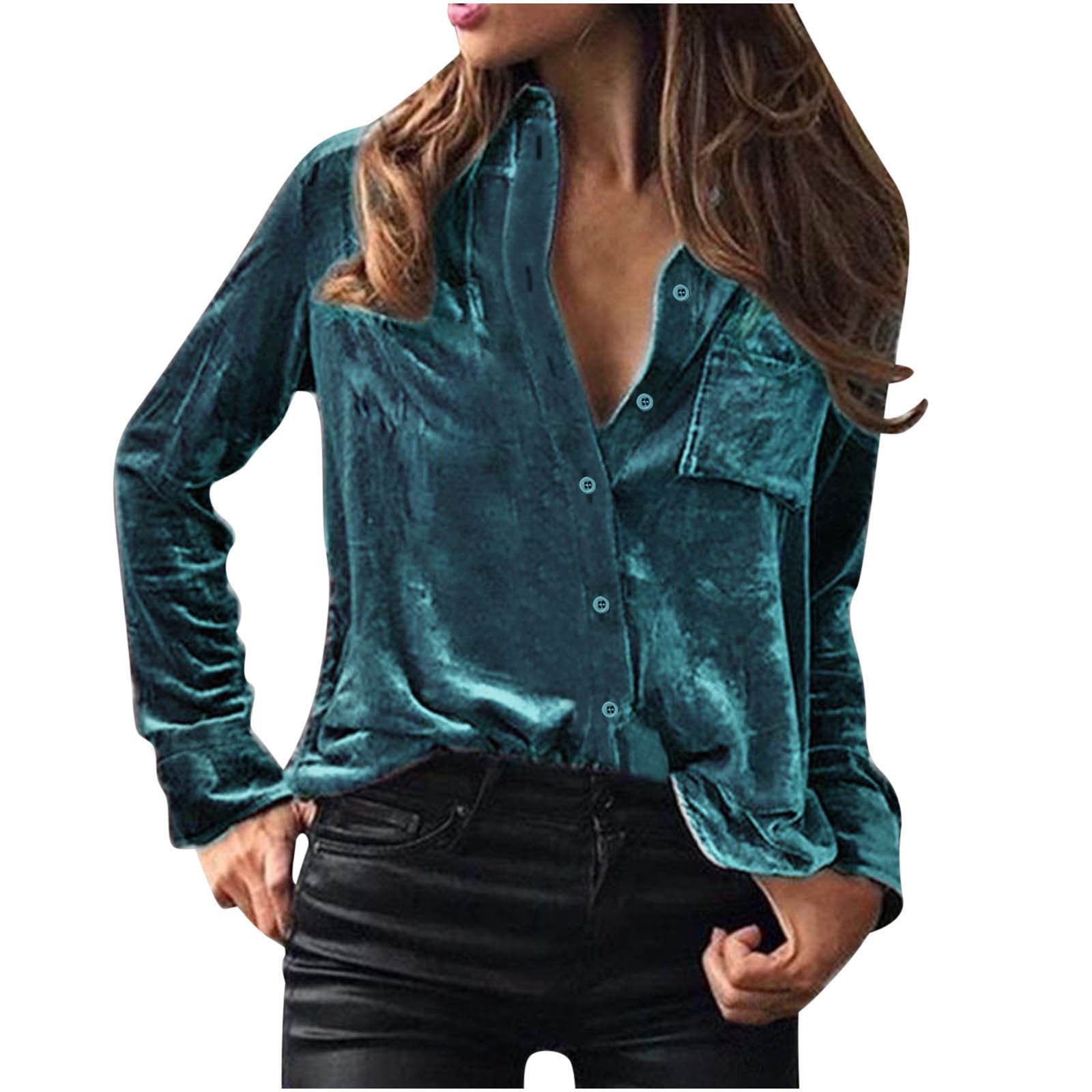 Fanxing Velvet Tops for Women Button Down Shirts Elegant Lapel Collar ...