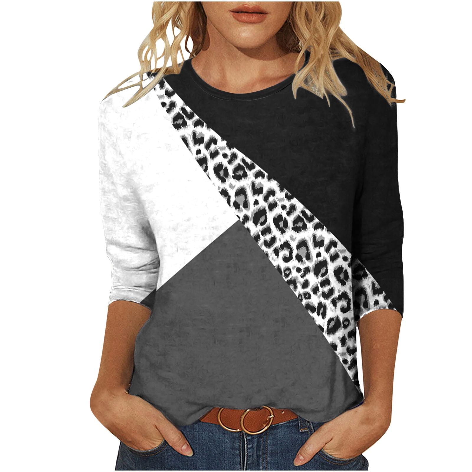 Fanxing Women Colorblock Tops Summer 3/4 Sleeve Shirt Casual Round Neck ...