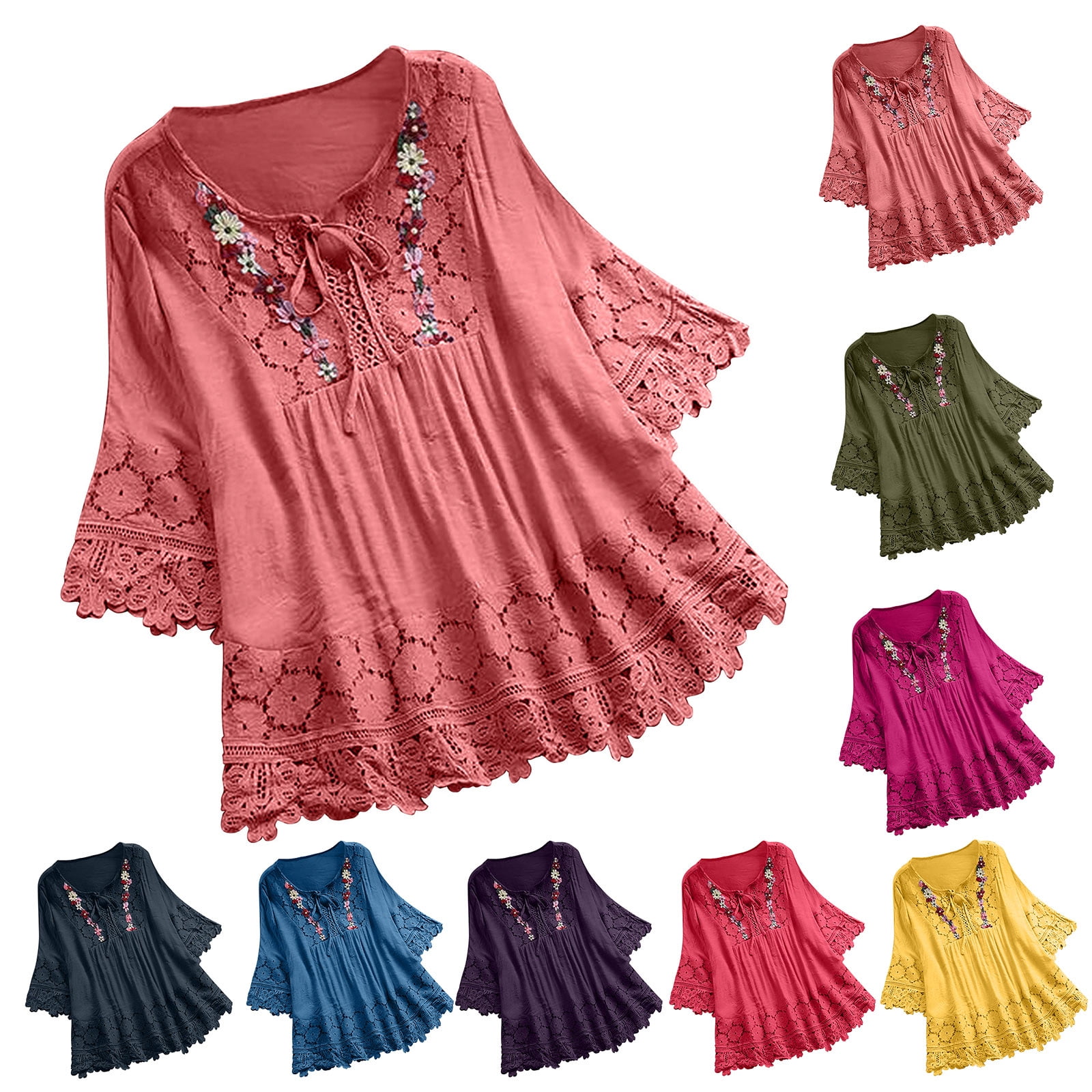 Fanxing Women Vintage Peasant Tops Plus Size Tie Front V Neck Shirts ...