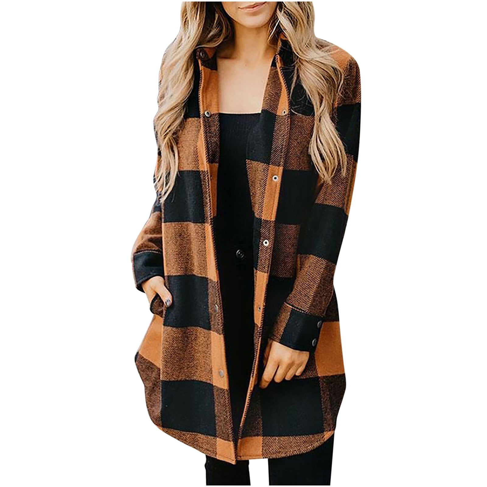 Fanxing Women's 2025 Fall Flannel Plaid Long Jacket Casual Long Sleeve ...