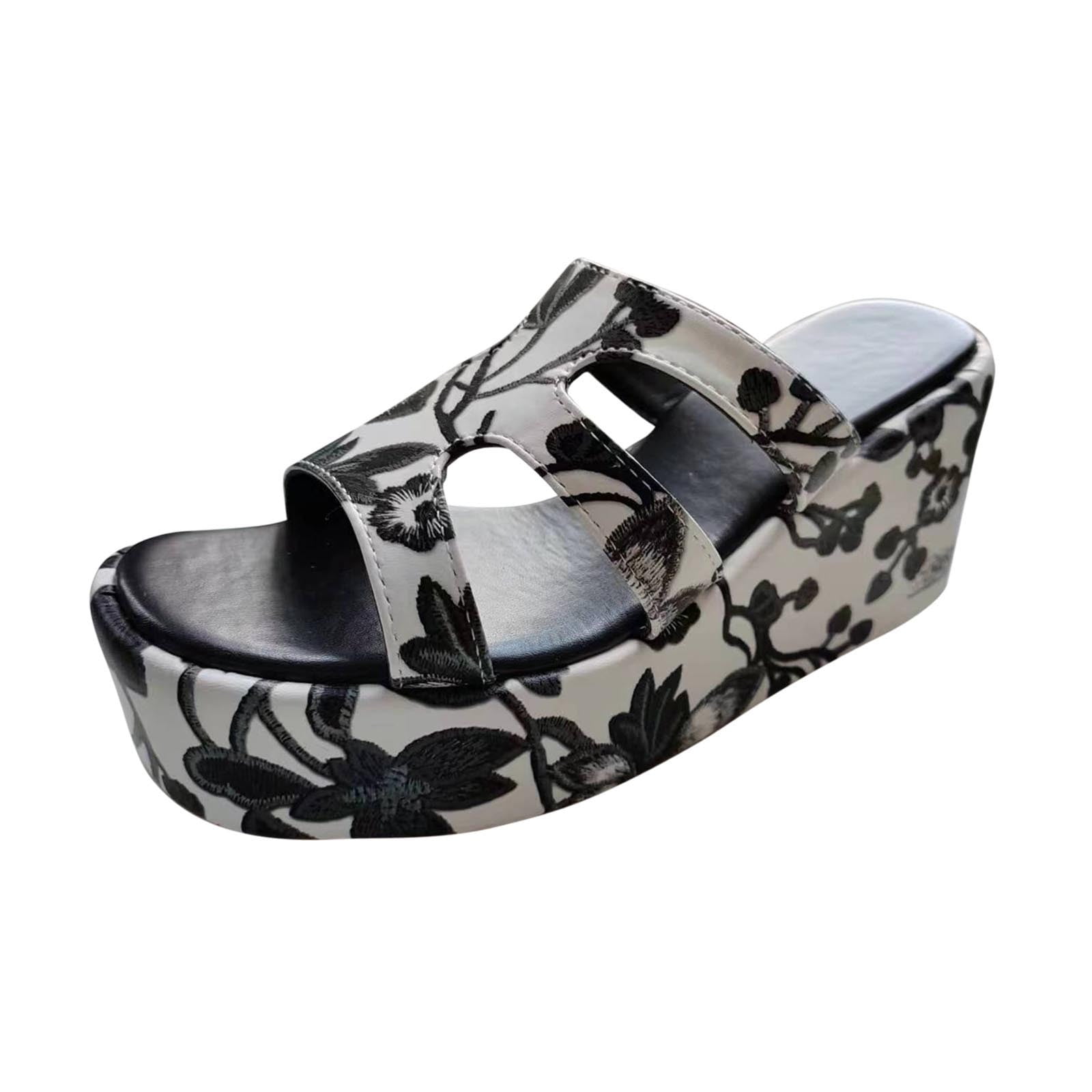 Fanxing Women's Chunky High Heels Sandals Floral Embroidered Open Toe ...