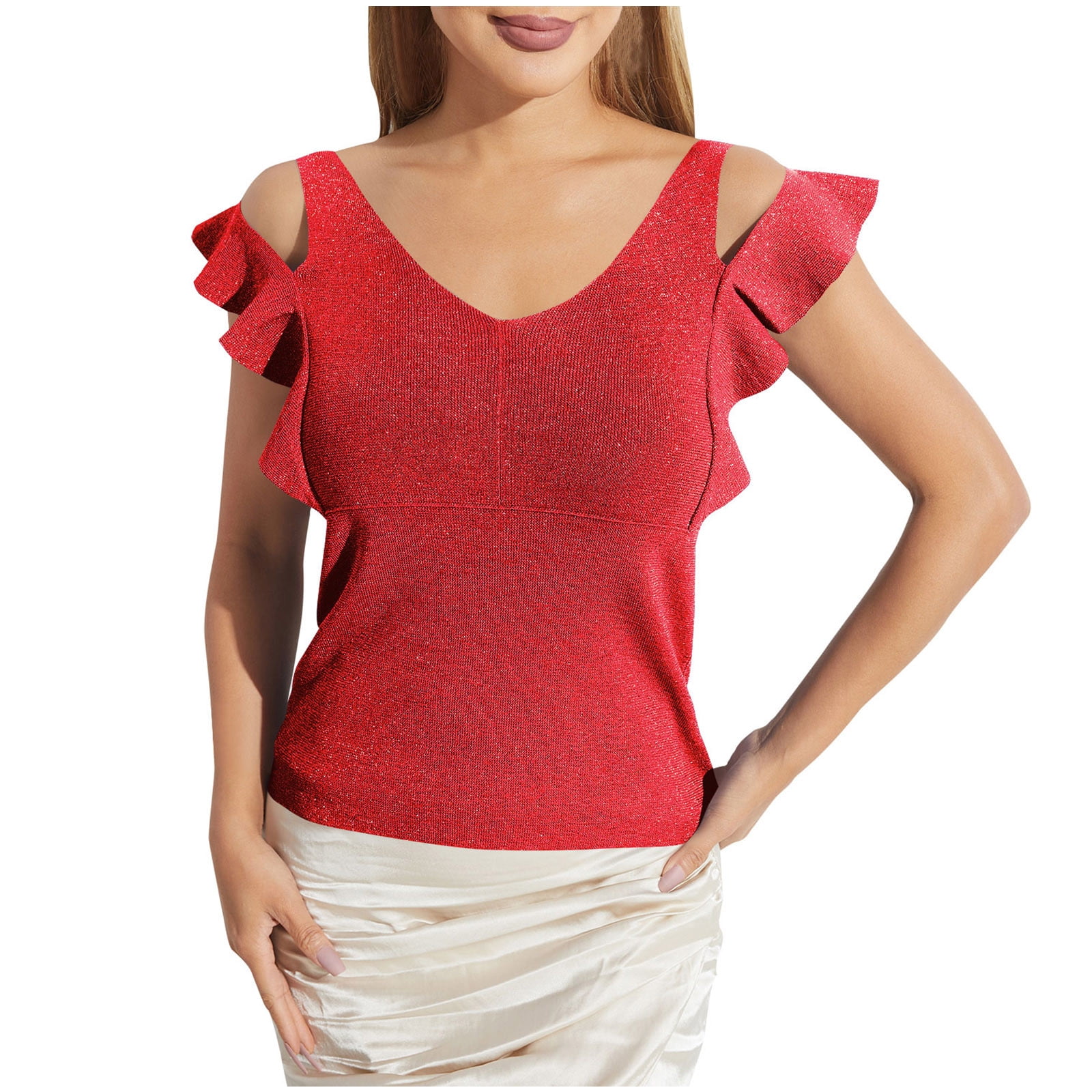 Fanxing Women's Cold Shoulder Tops Summer Ruffles Short Sleeve Tees ...
