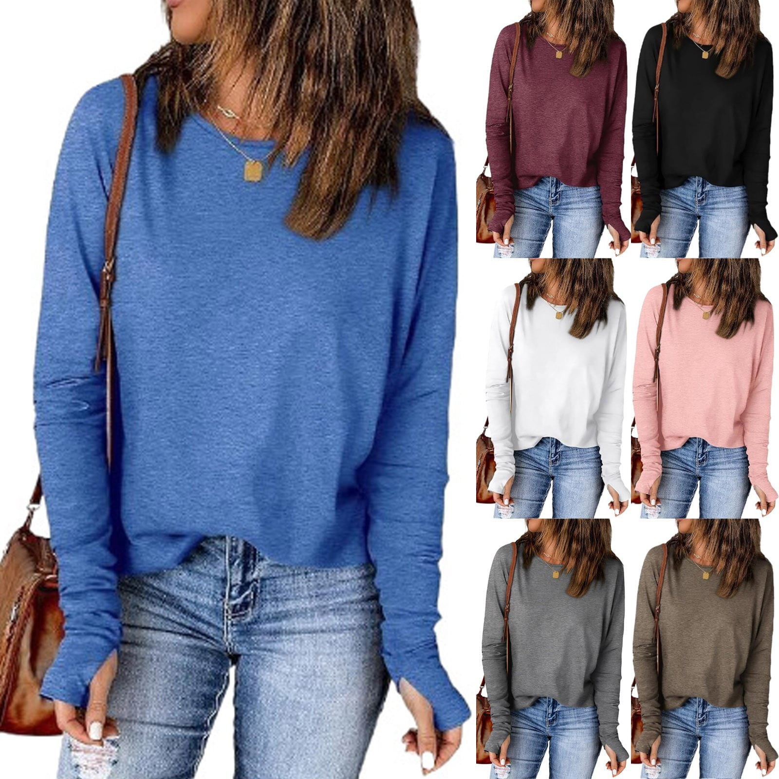 Fanxing Women's Long Sleeve Shirts with Thumb Hole Casual Crewneck ...