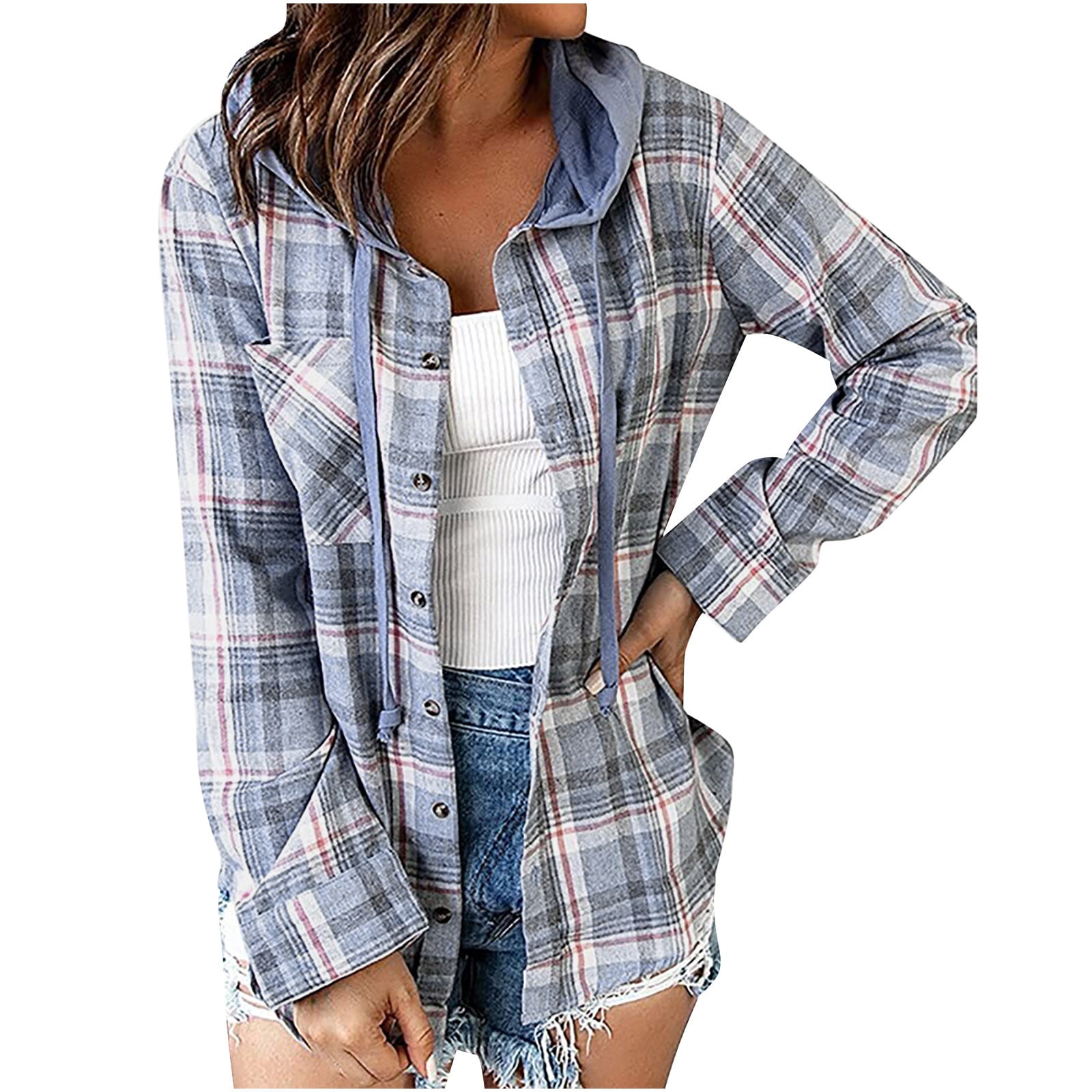 Fanxing Women's Plaid Hooded Shirt Drawstring Flannel Sweatshirt Hoodie ...