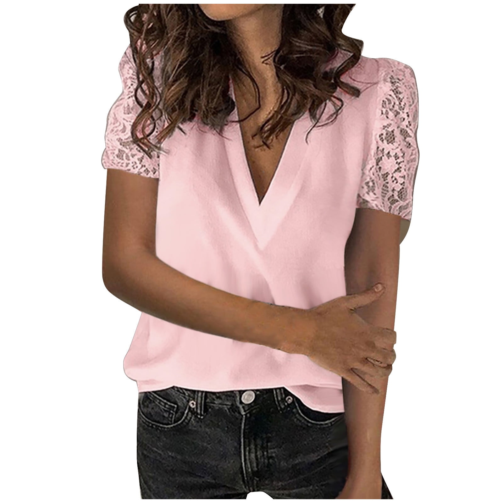 Fanxing Women's Summer Tops Plus Size Short Sleeve Tees Shirts Lace ...