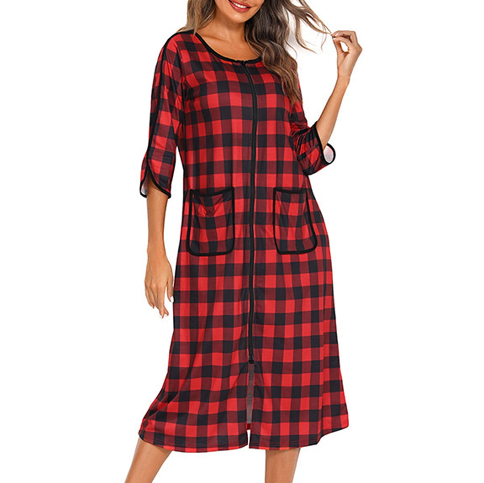 Fanxing Women's Zipper Front Long Housedress Plaid Zip Bathrobe for ...