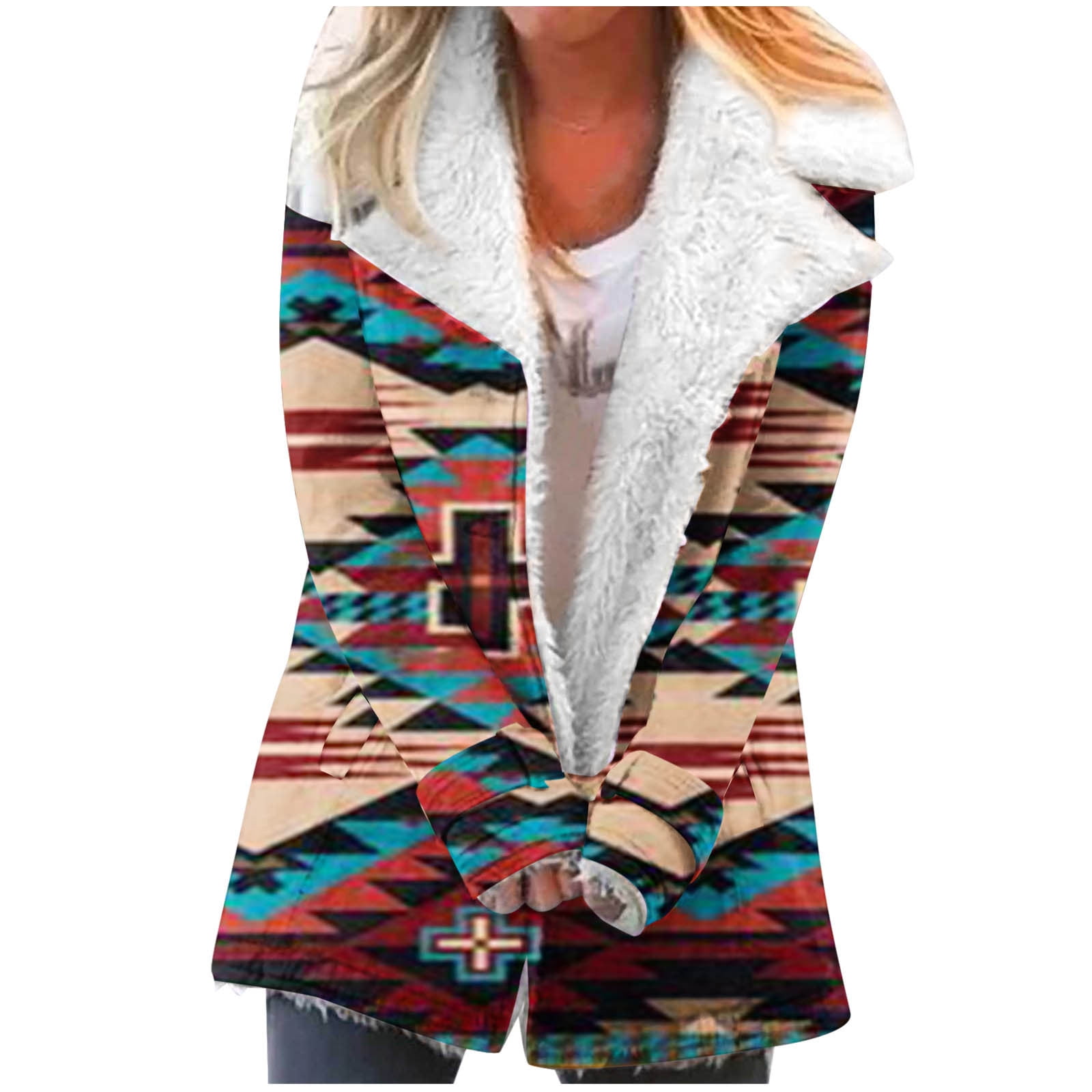 Fanxing Womens Aztec Jacket Coat Cozy Sherpa Fleece Vintage Ethnic Pea ...