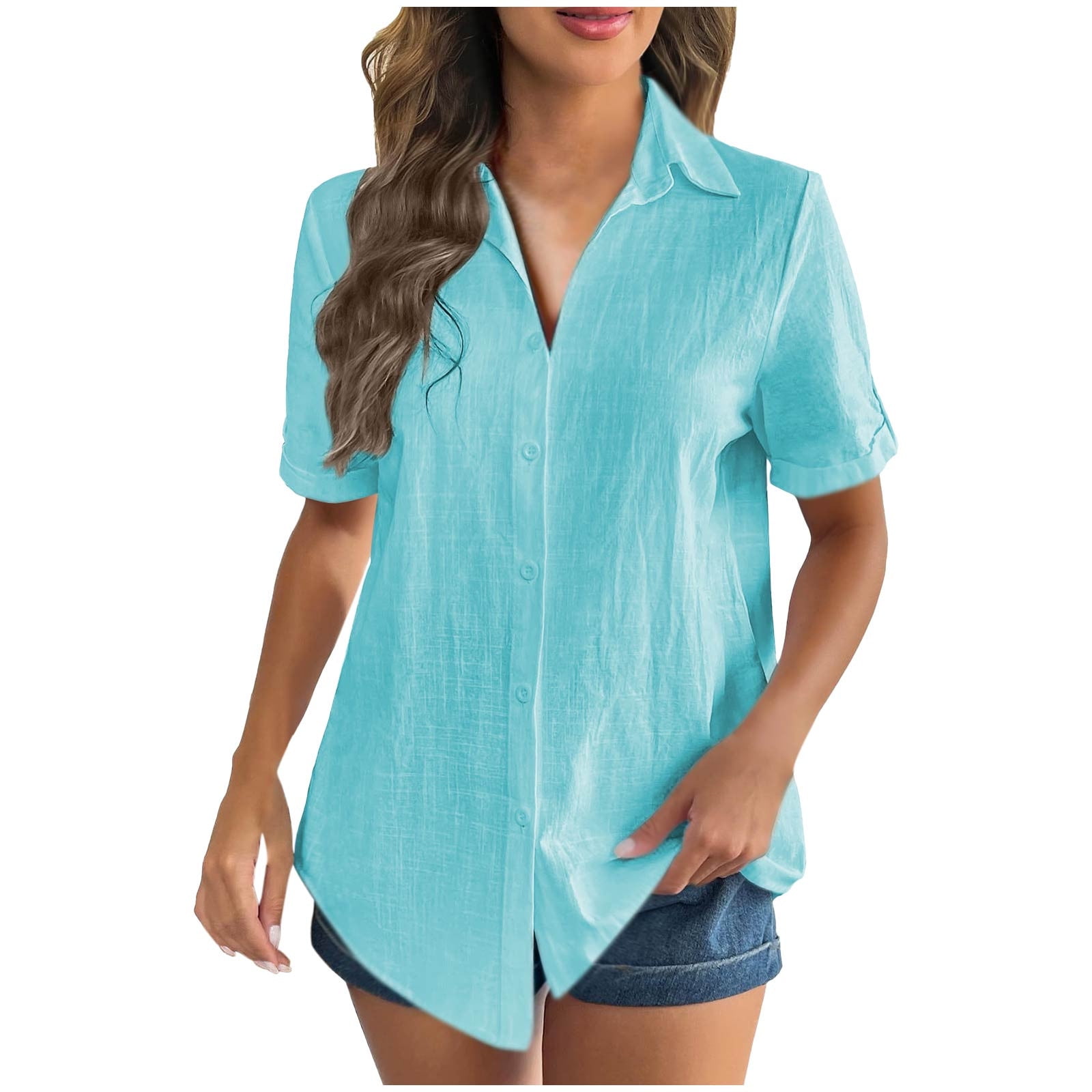 Fanxing Womens Button Down Shirts Cotton Linen Short Sleeve Shirt Lapel Collared Solid Tees ...