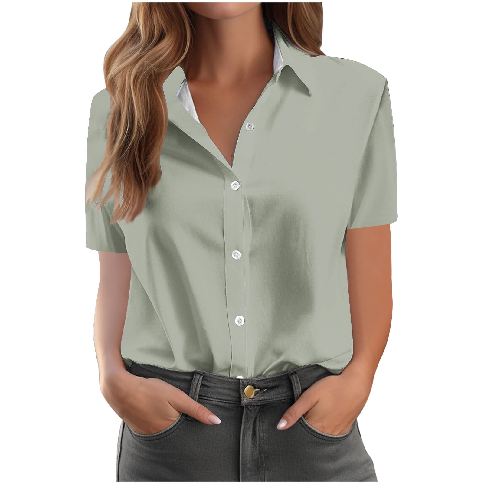 Fanxing Womens Casual Button Down Short Sleeve Shirts 2025 Summer Tops with Pockets Gray,S ...