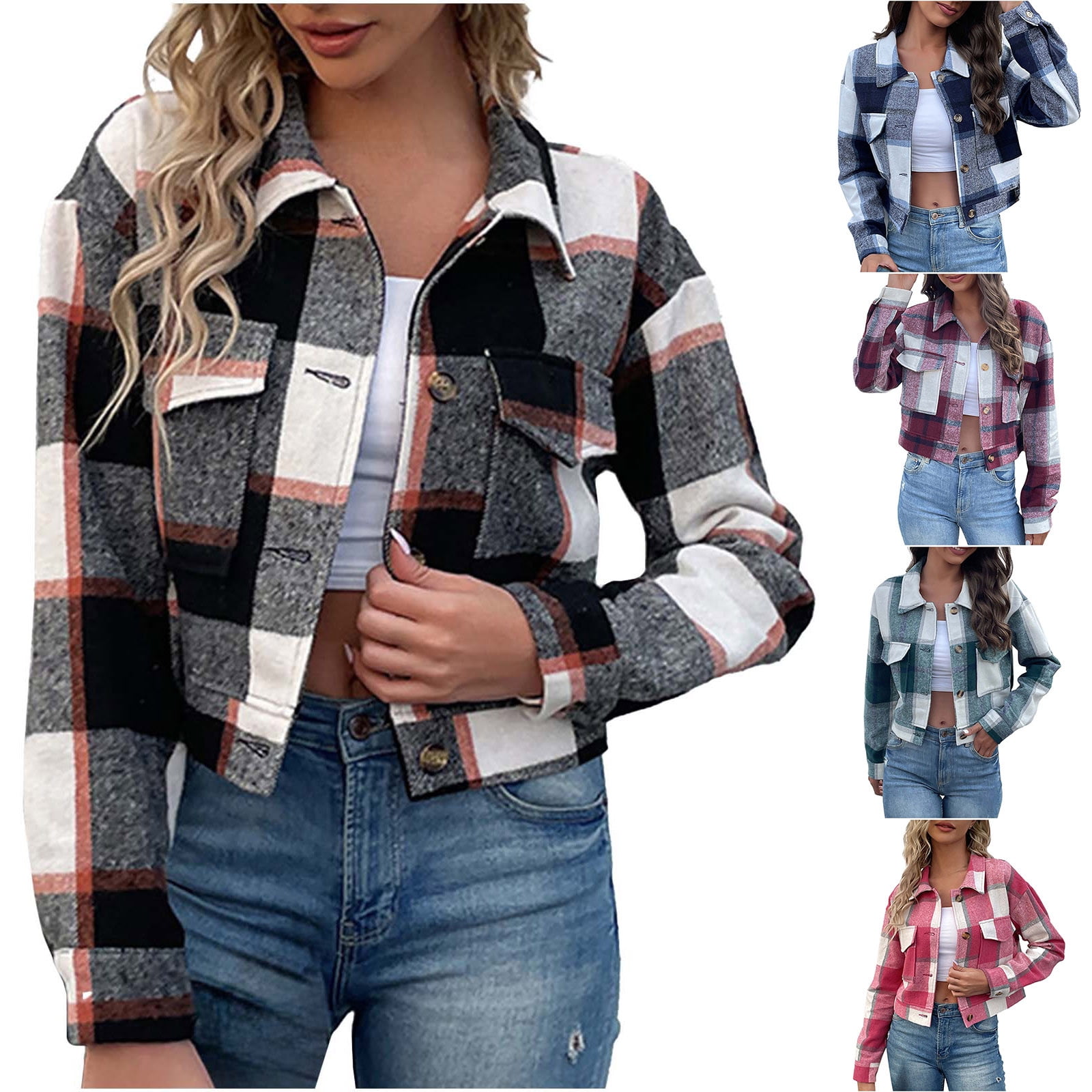Fanxing Womens Tartan Cropped Jackets Fashion Plaid Flannel Shacket ...