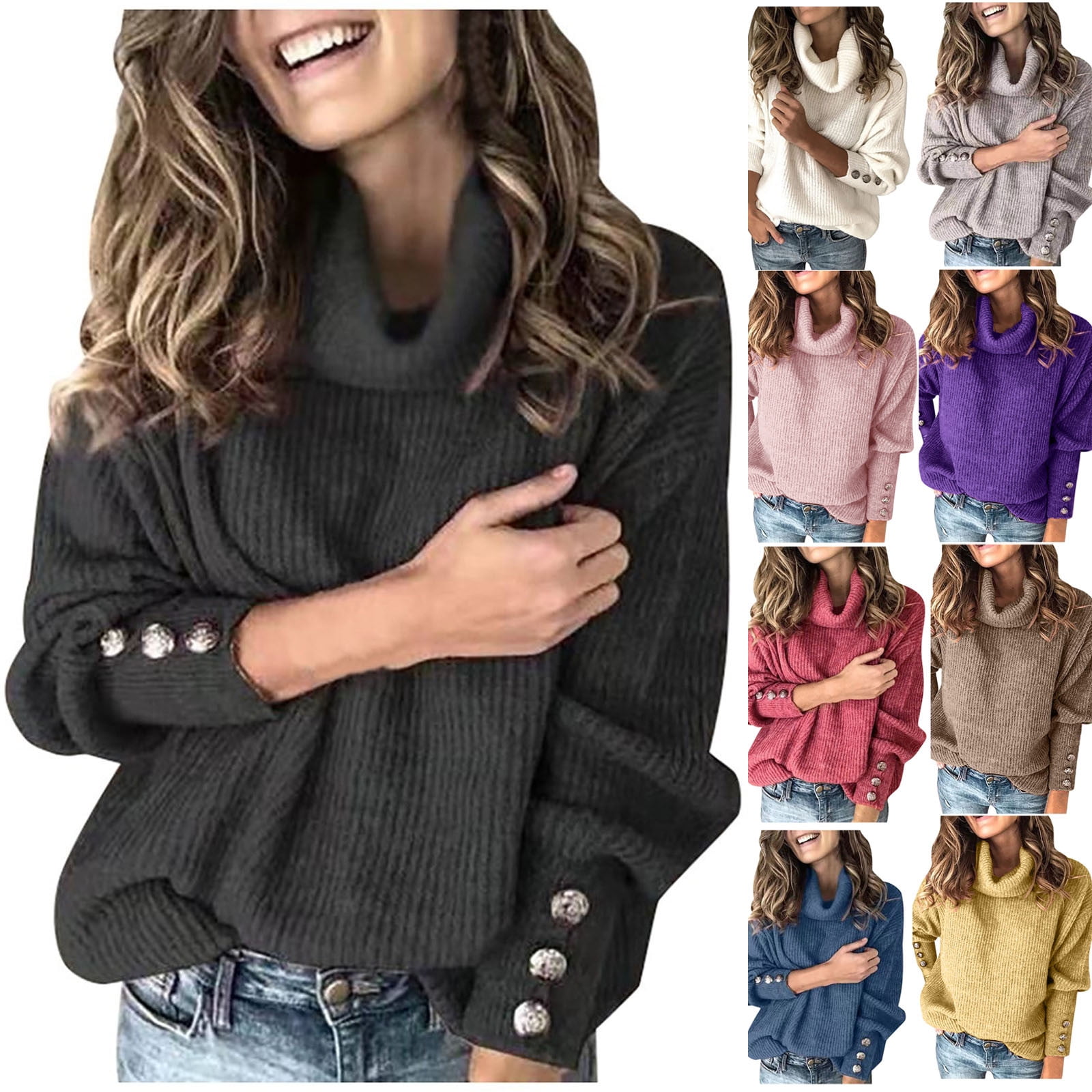 Fanxing Womens' Turtleneck Long Sleeve Cable Knit Sweaters Fall Pullover Sweater Mock Neck Long ...