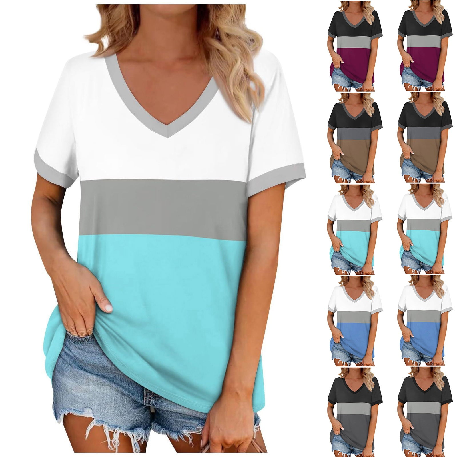 Fanxing Womens V Neck Tshirts Oversized Summer Tops Trendy Color Block Short Sleeve Tee Shirts ...