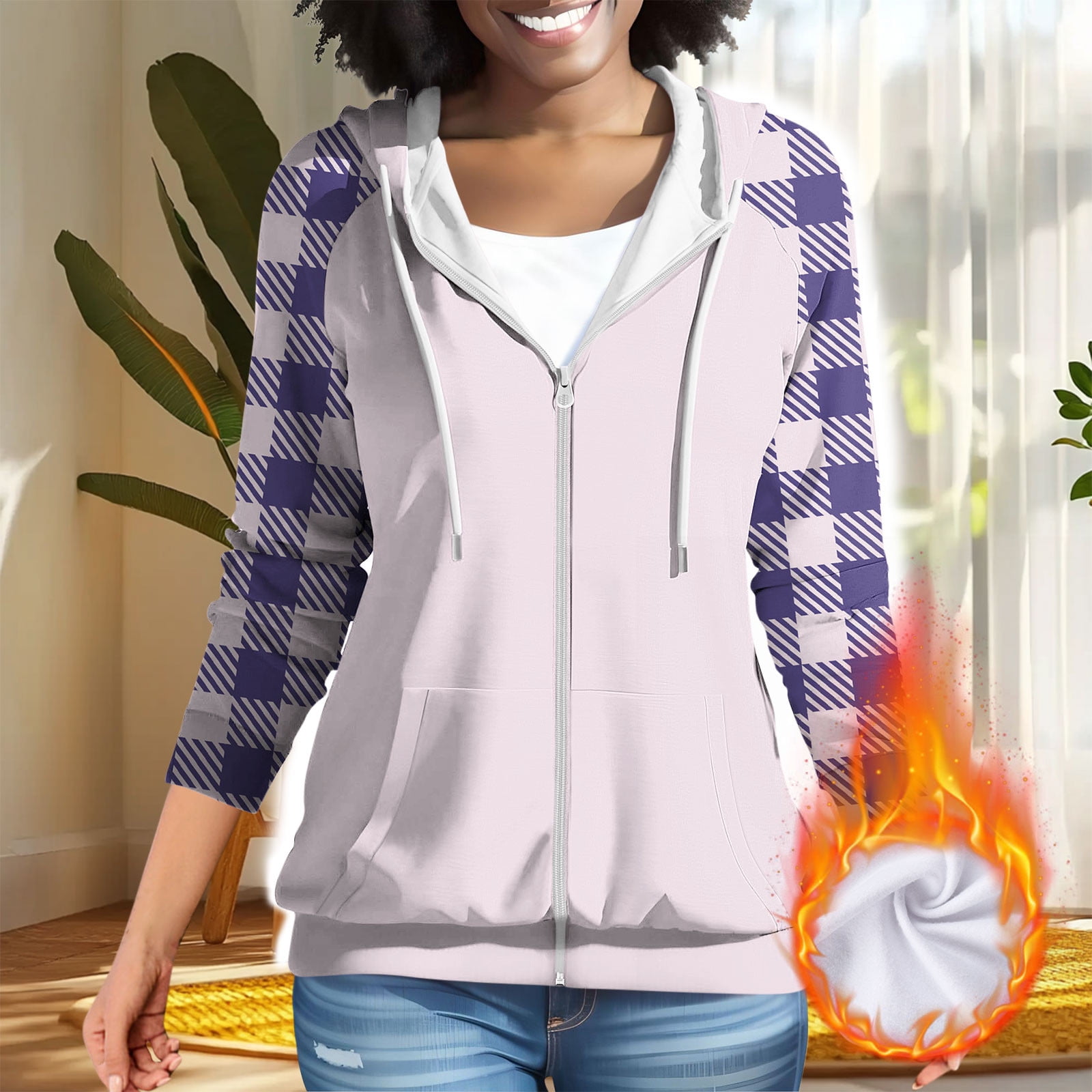 Fanxing Zip Up Hoodie for Women Trendy Palid Patchwork Raglan ...