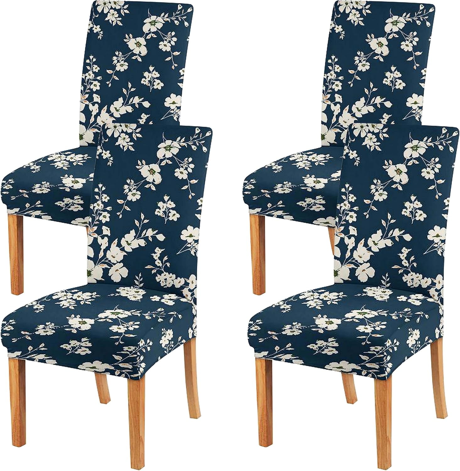 Faptoena Blue Dining Chair Covers Set of 4,White Floral Stretch Parsons ...