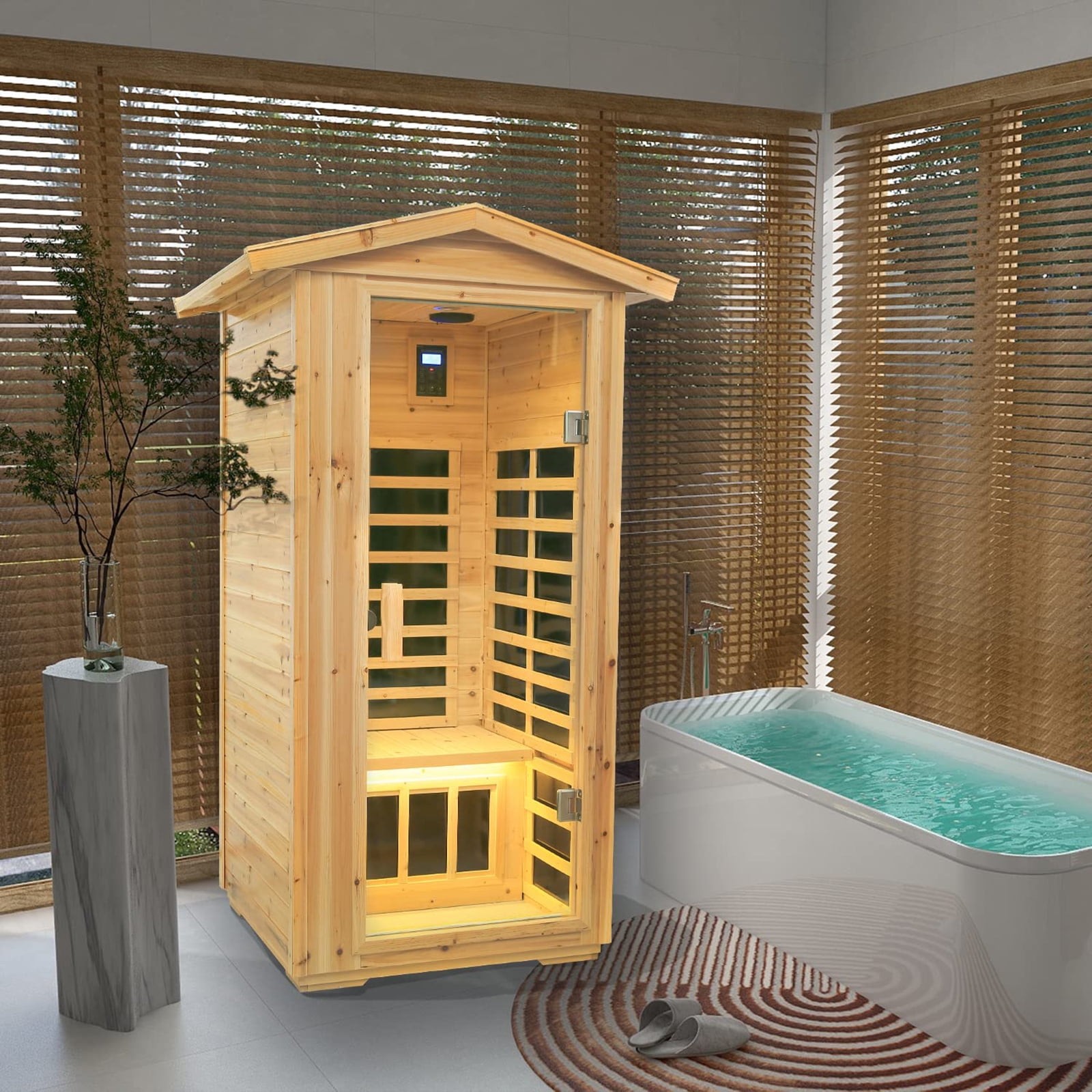 Far Infrared Wooden Sauna Room, 1 Person Far Infrared Sauna for Home, 1560W Hemlock Wood Low EMF ...