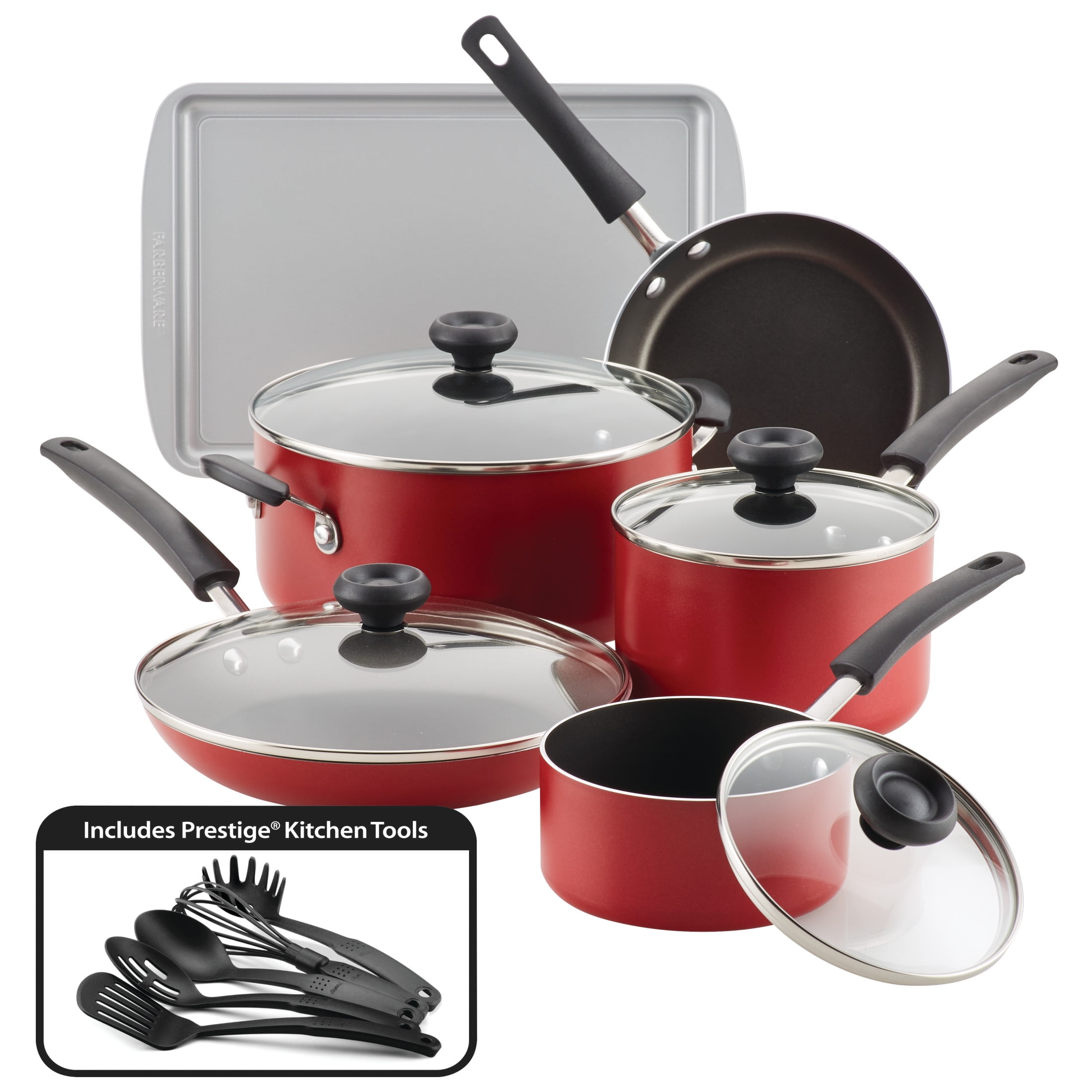 Farberware Easy Clean 15 Piece Aluminum Nonstick Pots and Pans Set, Red ...
