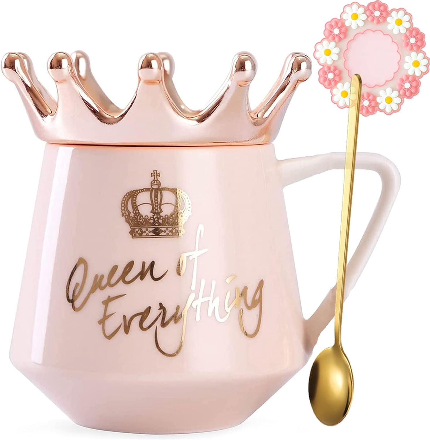 Farcauo Pink Queen of Everything Mug with Lid Cute Pink Cup with Crown ...