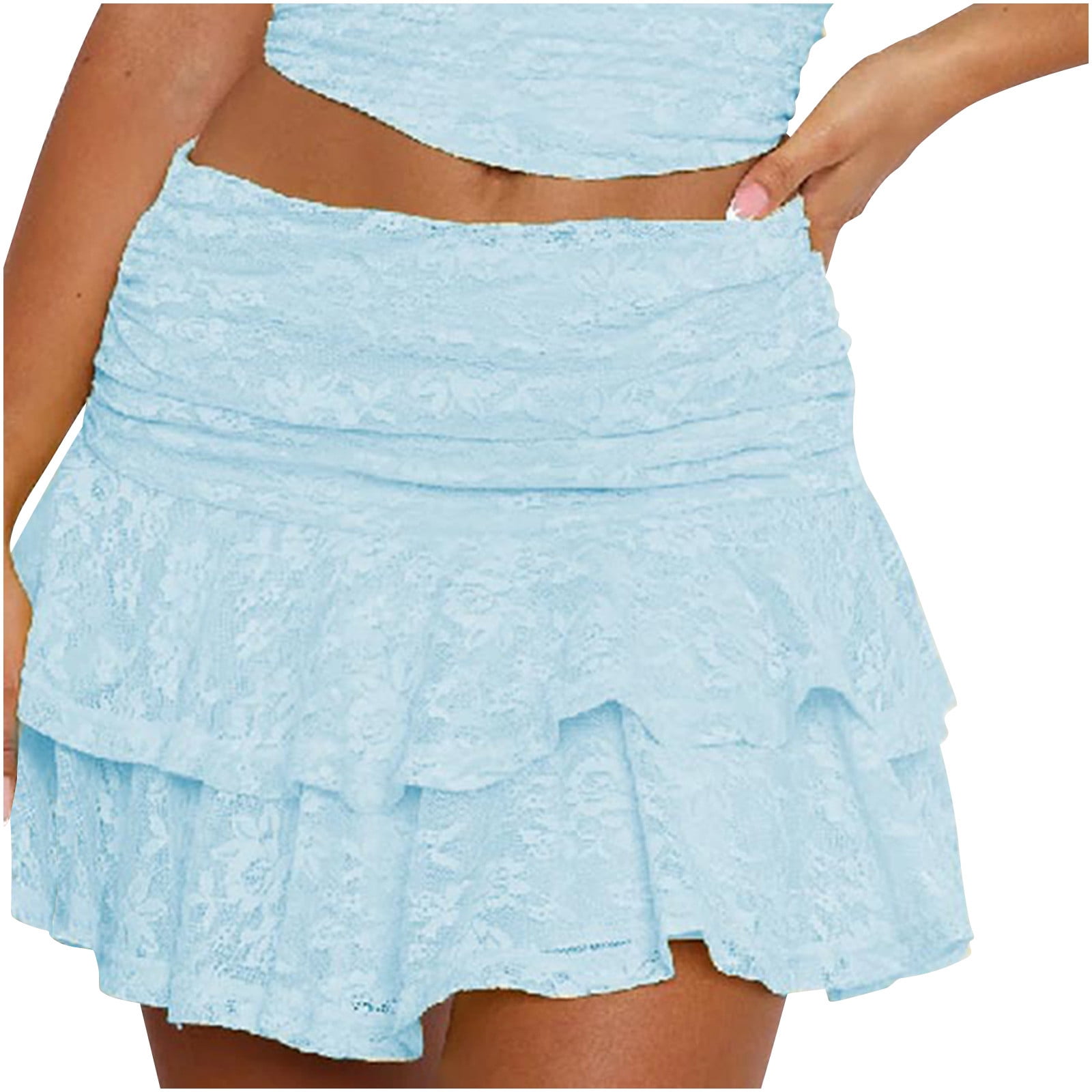 Faretumiya Women Floral Lace Mini Skirt Y2k Sheer Ruffle Hem Bodycon ...