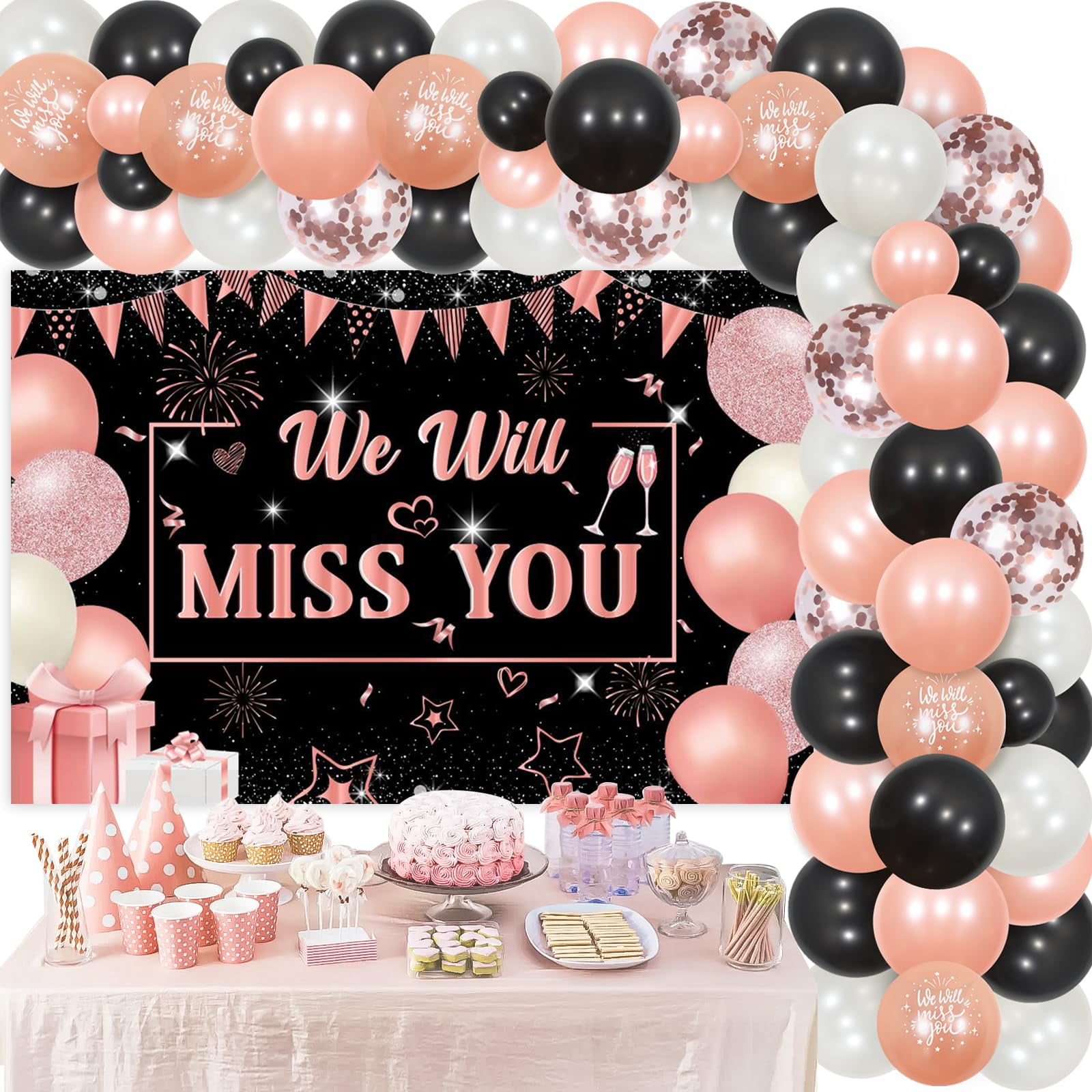 Farewell Party Decorations for MMF7 Women - Rose Gold and Black Balloon Garland Arch Kit with We ...