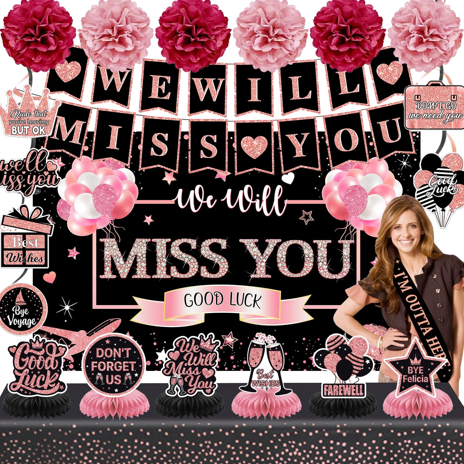 Farewell Party Decorations Supplies Kit,Rose Gold We Will Miss You Decorations Include We Will ...