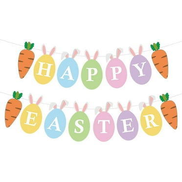 TETOU Easter Garland, Bunnies Carrots Eggs Wooden Breads Banner, Easter ...