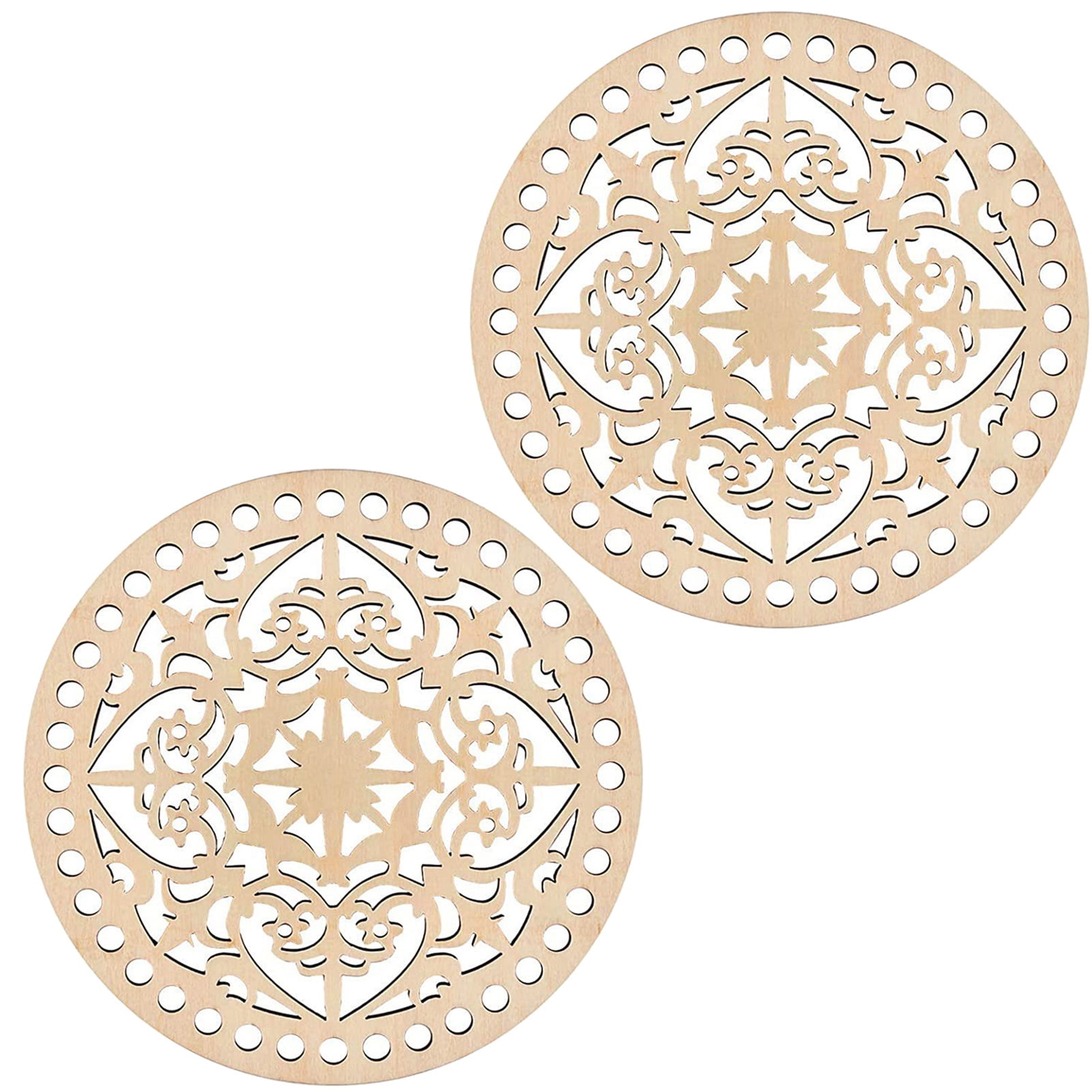 Farfi 2Pcs Crochet Wood Bases Unpainted Floral Pattern Round Hollow ...