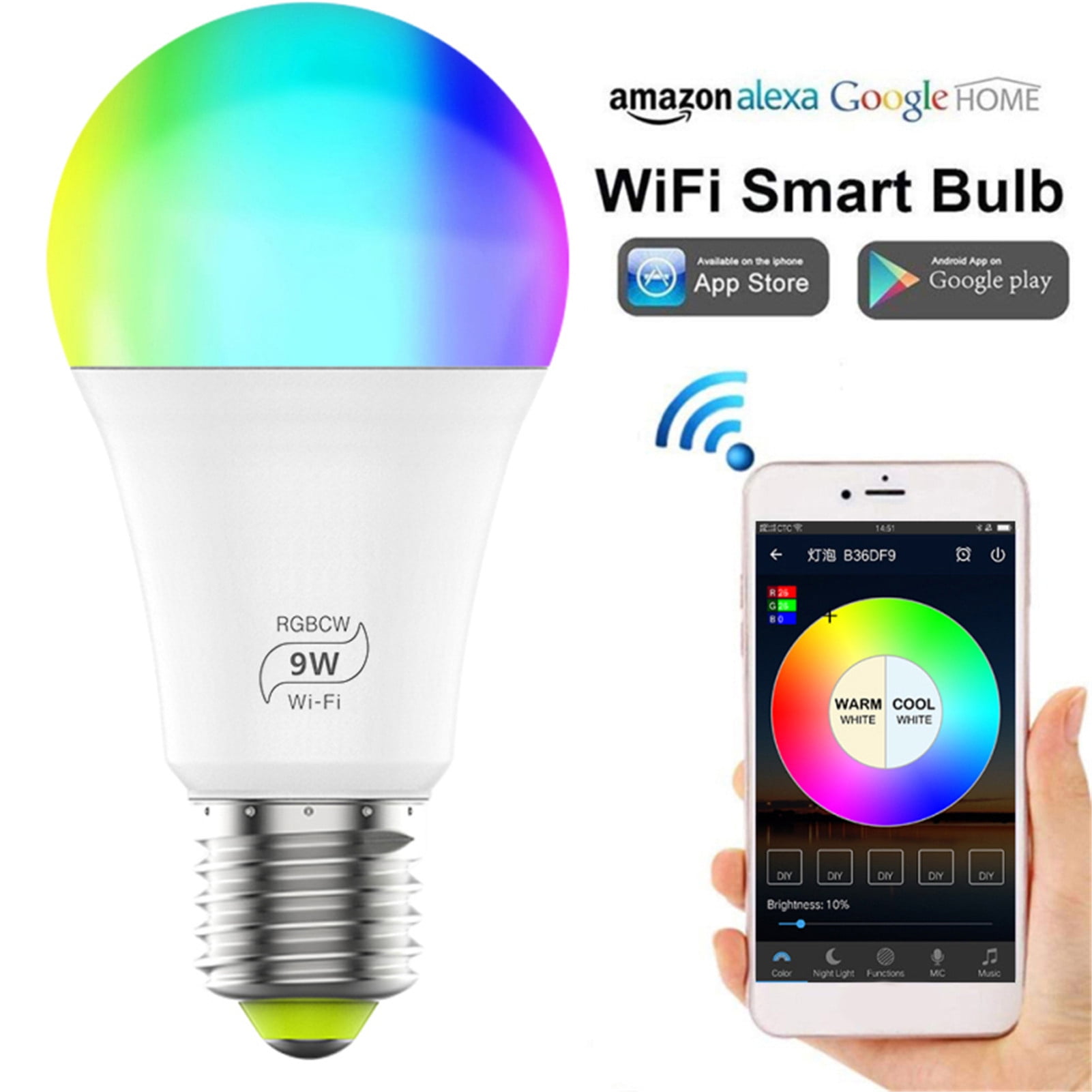 Farfi E27 9W WiFi RGB Dimmable Voice Control Colorful LED Smart Light ...