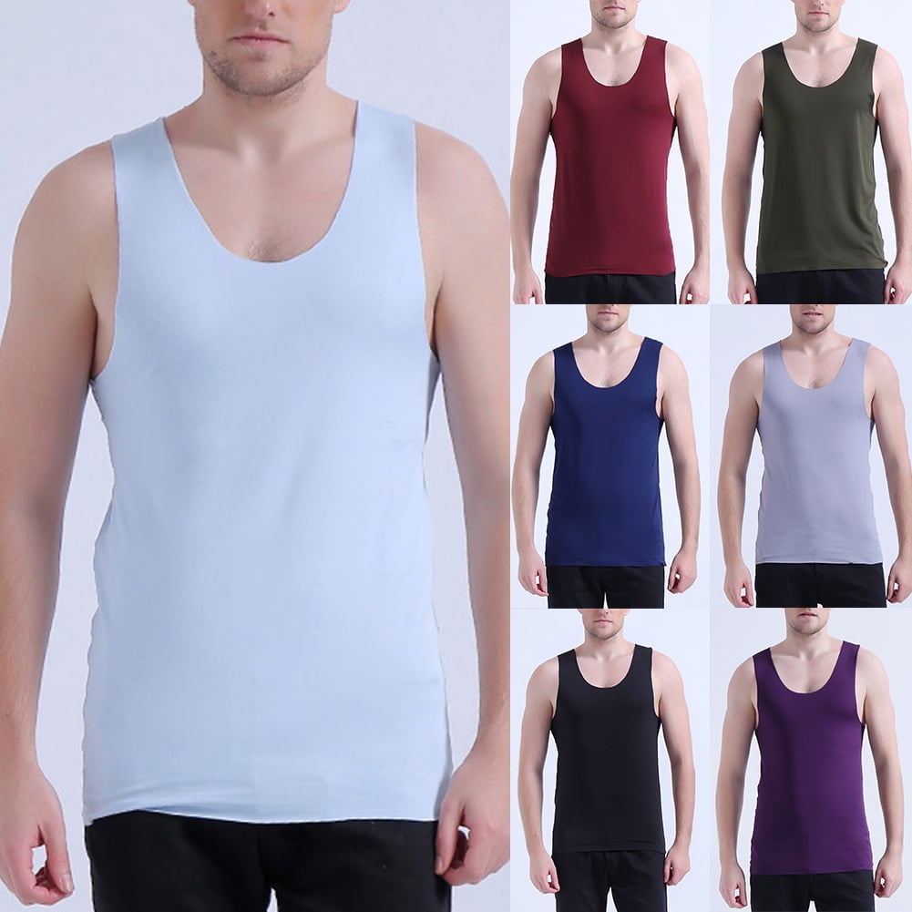 Farfi Men Low-cut Neck Sleeveless Solid Color Seamless Cotton T-shirt ...