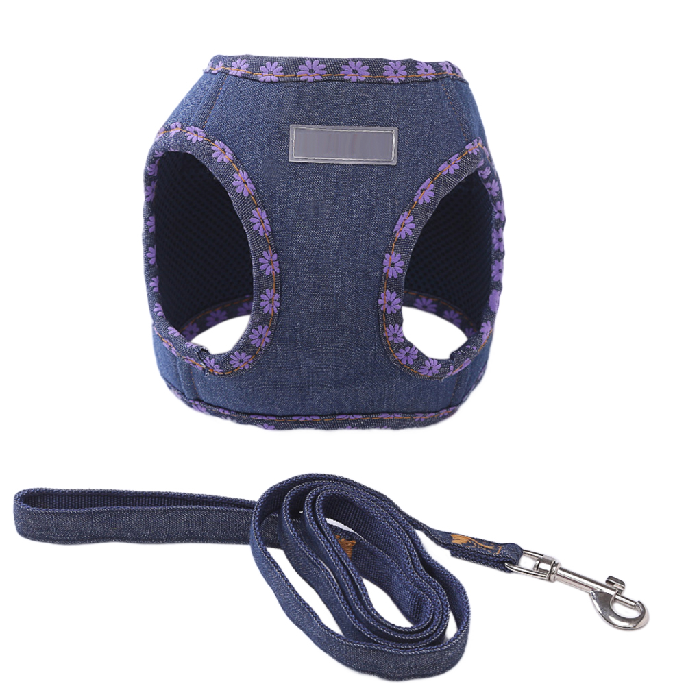 Farfi Star Flower Dog Denim Harness Walking Vest Leash Lead Collar Set ...