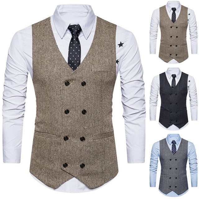 Farfi Vintage Men Sleeveless Double-breast Herringbone Twill Waistcoat ...