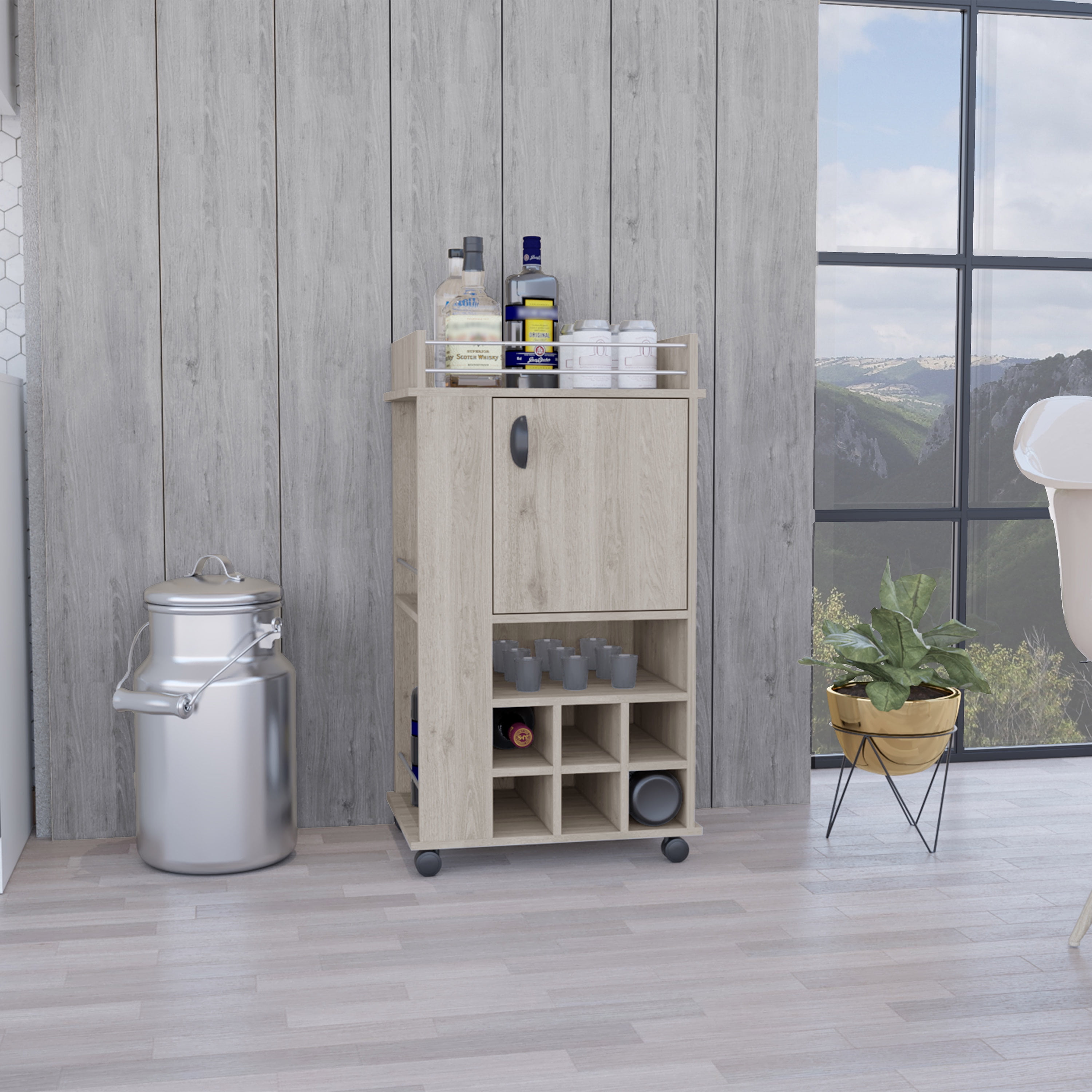Fargo Bar Cart with Cabinet,6 Built-In Wine Rack and Casters,Grey ...