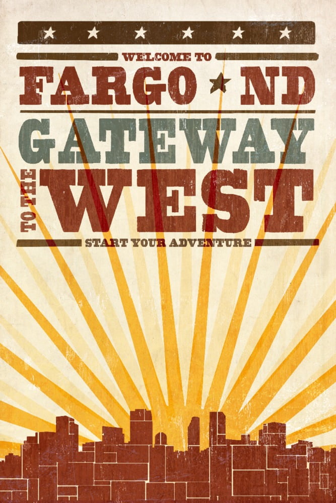 Fargo, North Dakota, Skyline and Sunburst Screenprint Style (16x24 ...