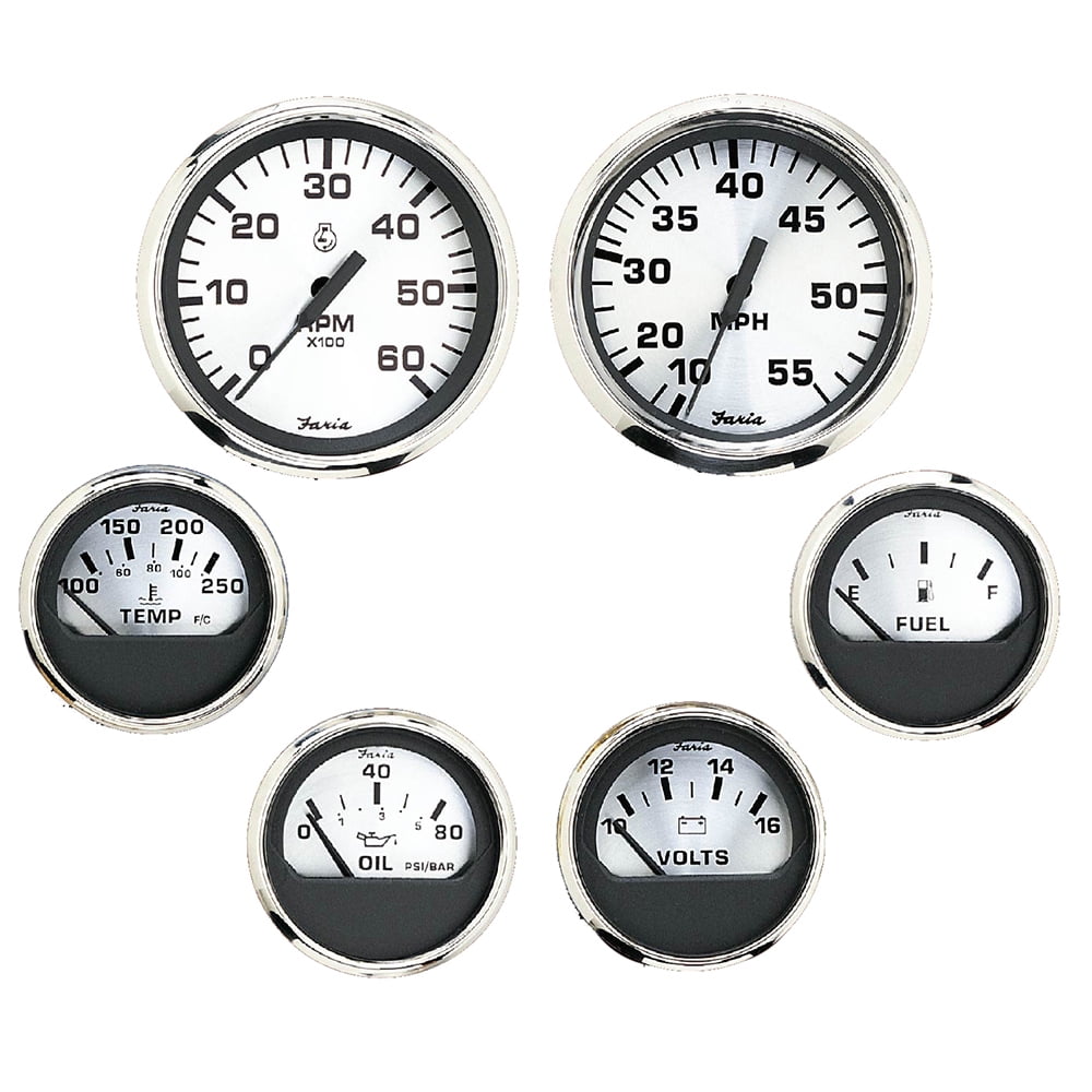 Faria Spun Silver Box Set of 6 Gauges - Speed, Tach, Voltmeter, Fuel ...