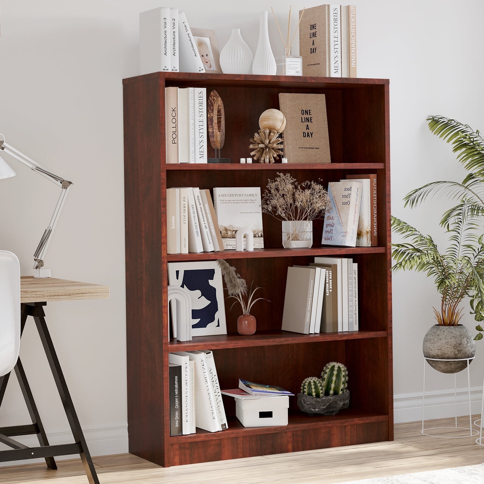 Farini 4 Tiers Bookcase, Wooden Bookcase with Adjustable Shelves for ...