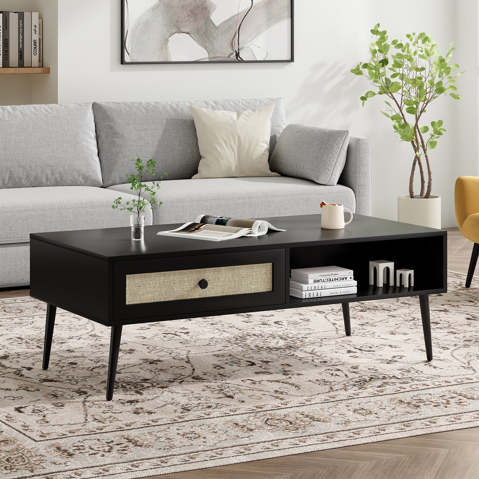 Farini 47" Modern Coffee Table, Rectangle Living Room Table with Drawer ...