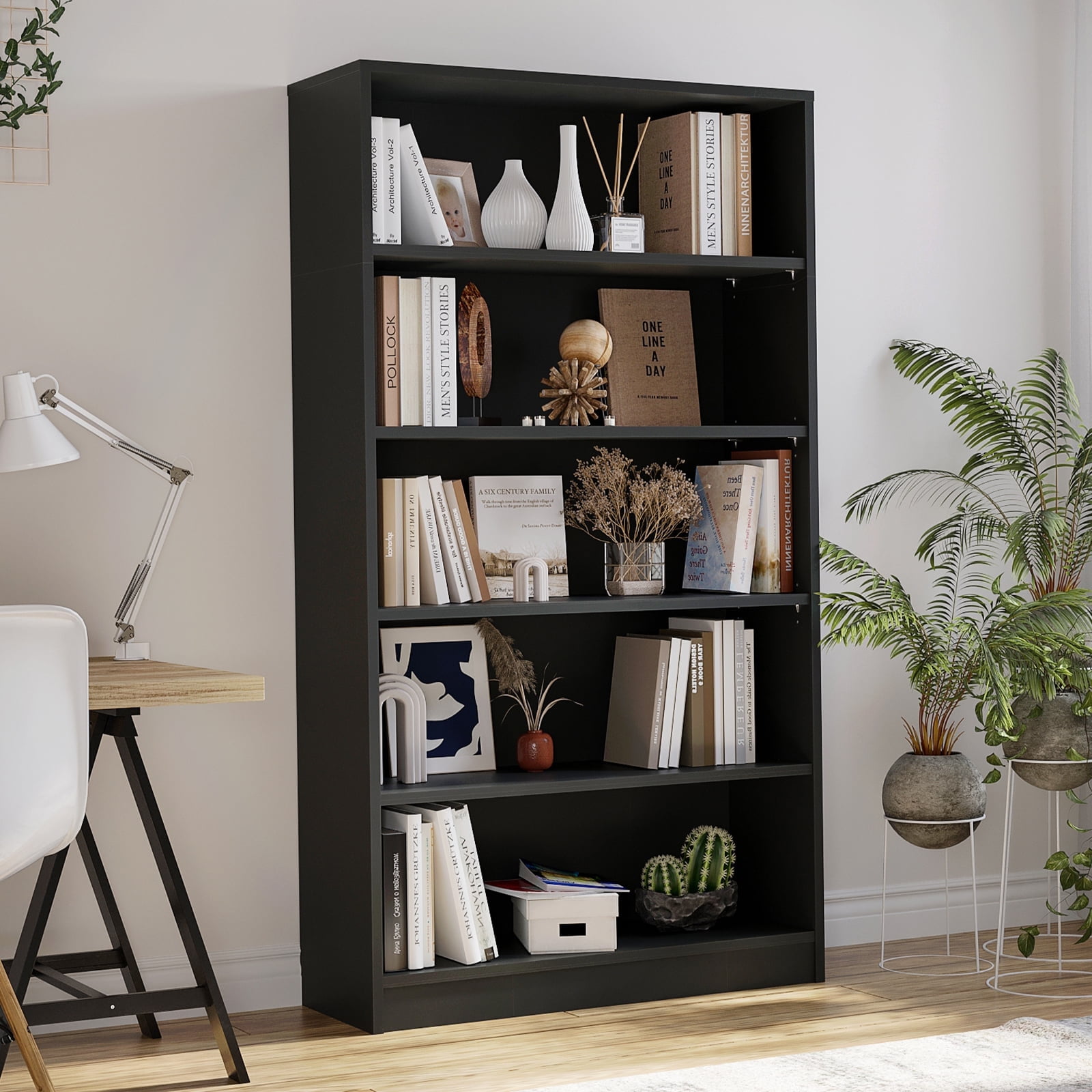 Farini 5 Tiers Bookcase, Wooden Bookcase with Adjustable Shelves for ...