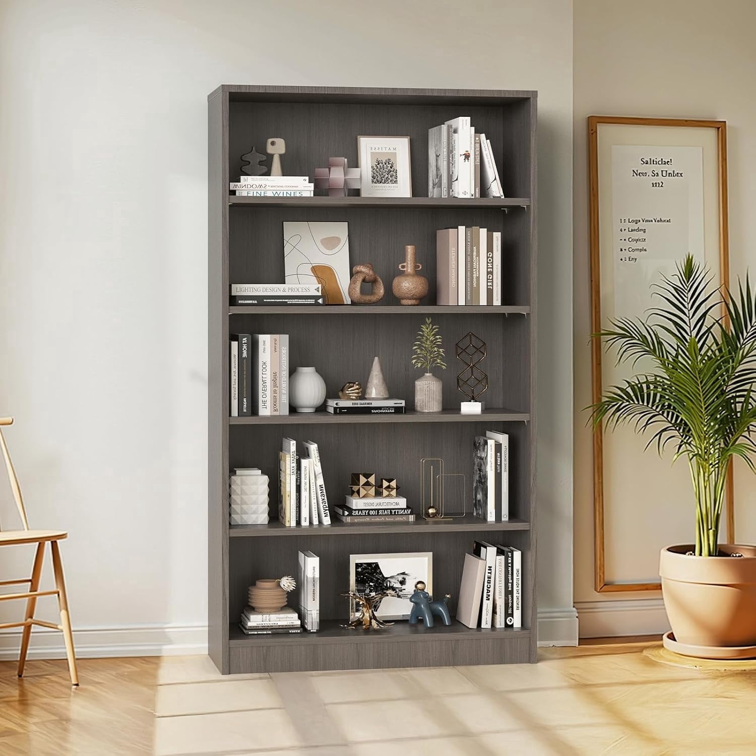 Farini 5 Tiers Bookcase, Wooden Bookcase with Adjustable Shelves for ...