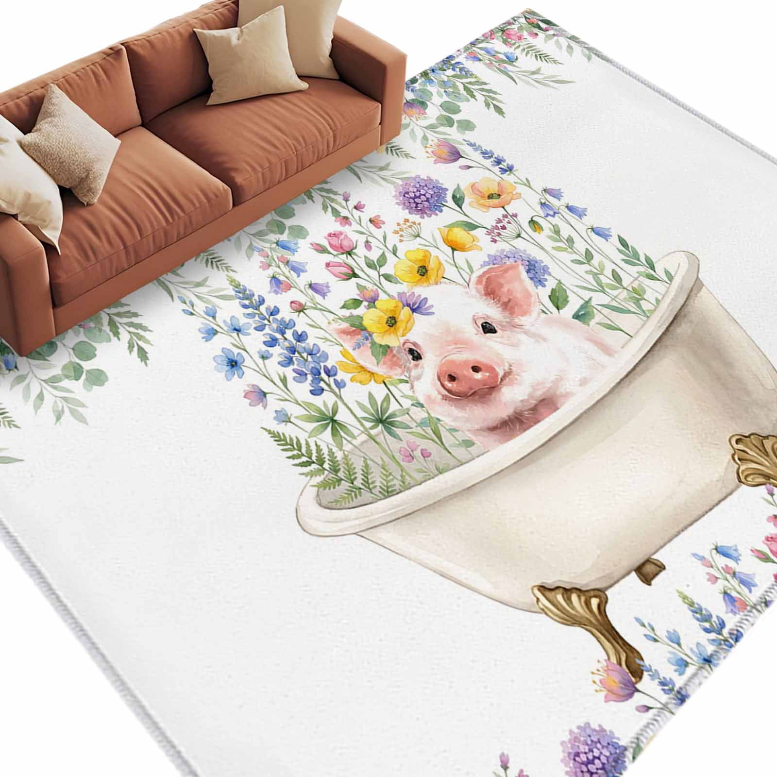 Farm 5'x7' Area Rugs Watercolors Bath Cute Pig Wildflowers Eucalyptus ...