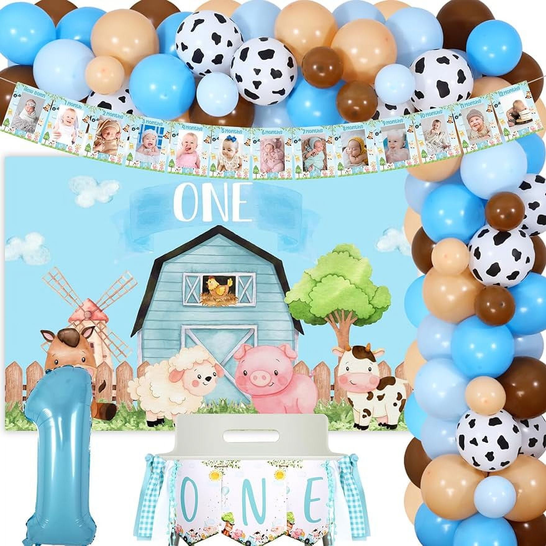 Farm Animal 1st Birthday Decorations Baby Boy - Blue Barnyard Cow Print ...