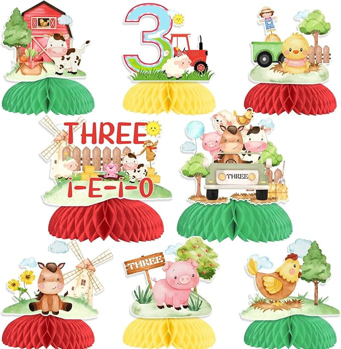 Farm Animal 3rd Birthday Decorations, 8PCS Three i e i o Farm Animal ...