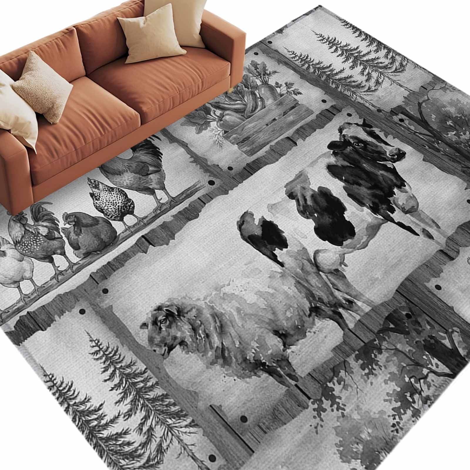 Farm Animal 6'x9' Large Area Rugs Grey Chicken Cow Sheep Pig Pine Trees ...
