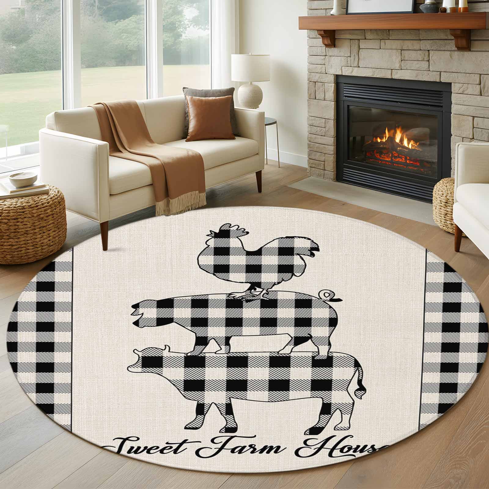 Farm Animal 7FT Round Area Rugs for Living Room Buffalo Plaid Cow Pig ...